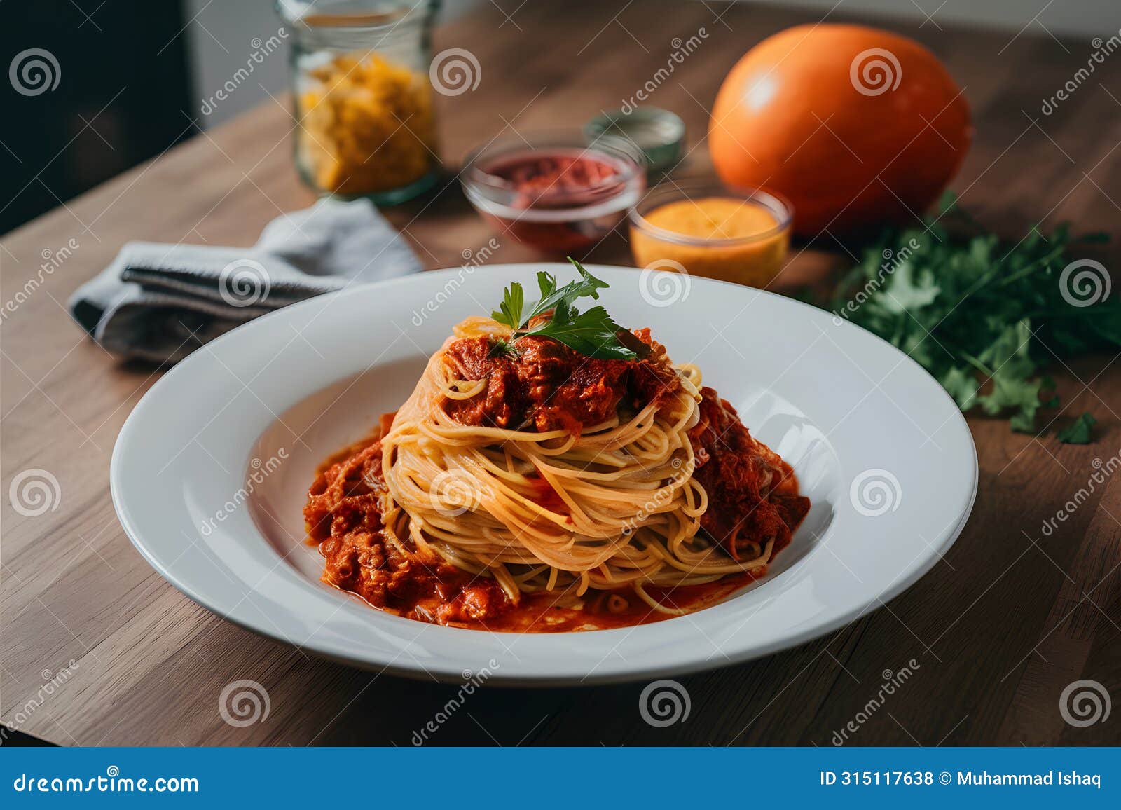 Spaghetti Bolognese Beautifully Presented On The Kitchen Table Stock ...