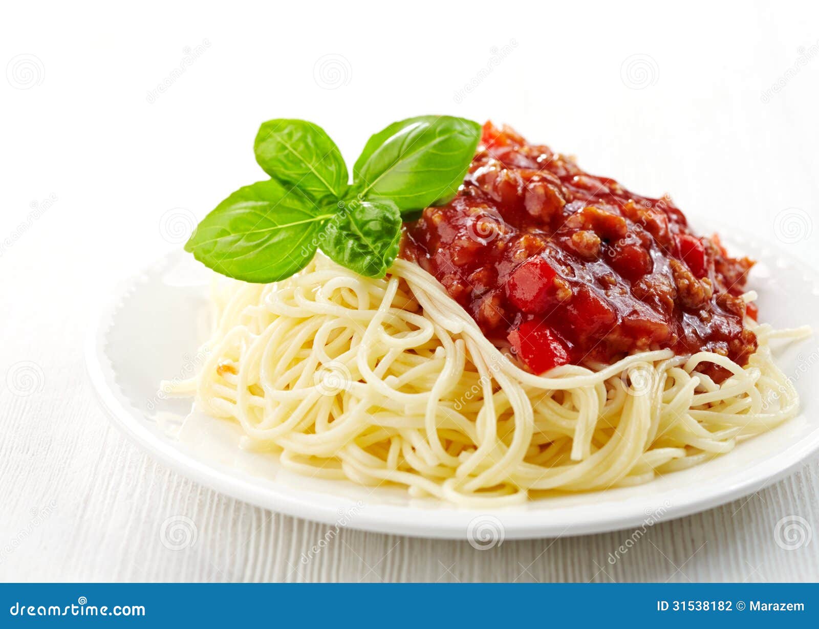 Spaghetti Bolognese and Green Basil Leaf Stock Photo - Image of ...