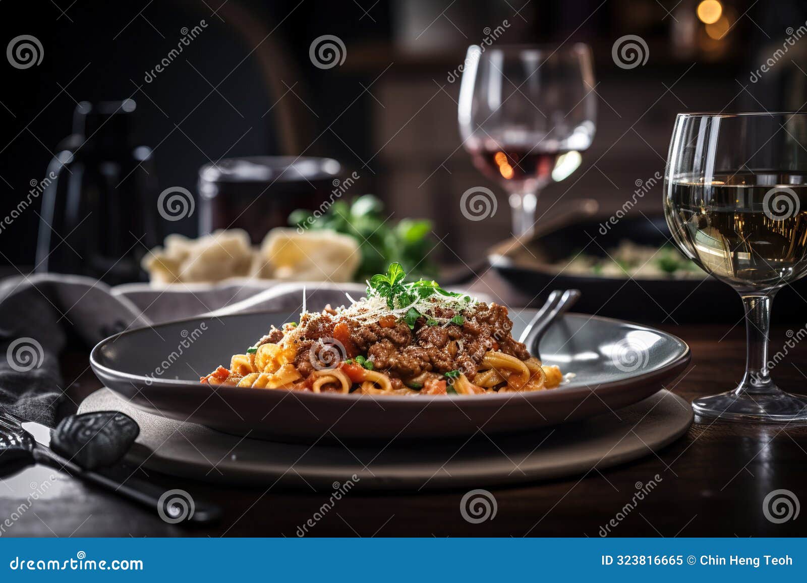 Spaghetti Bolognese with Wine Glass on Dining Table Stock Image - Image ...