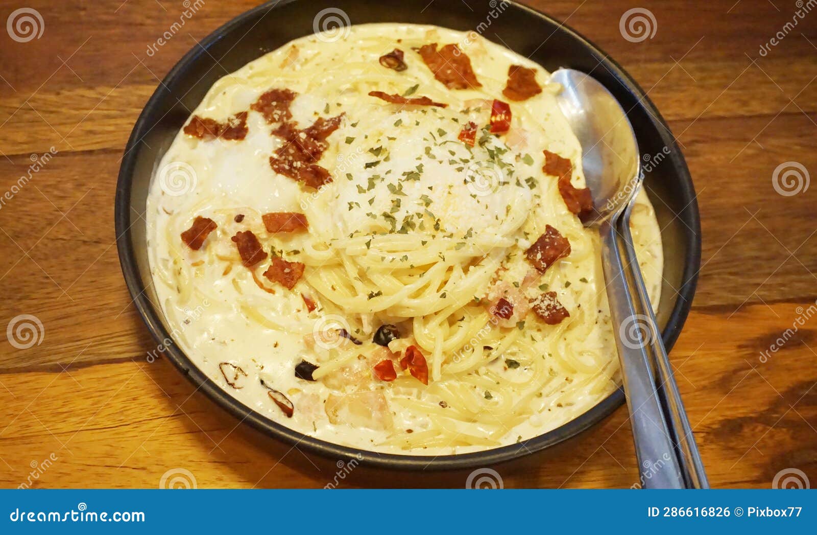 Spaghetti Carbonara with Becon on Wooden Table Stock Photo - Image of ...