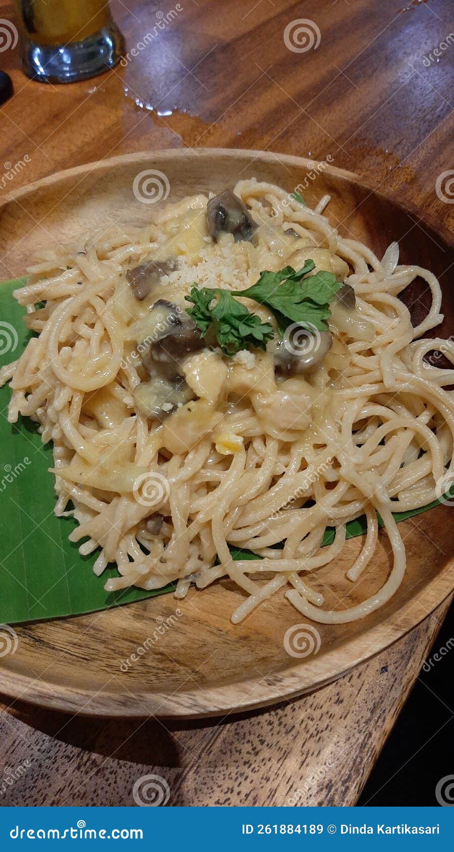 Spaghetti Carbonara Set on a Brown Wooden Plate Stock Image - Image of ...