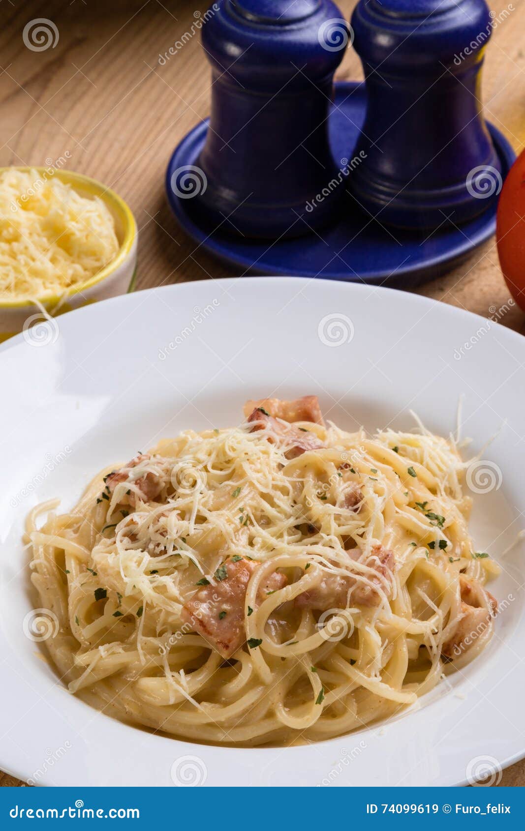 Spaghetti Carbonara on Wooden Table Stock Image - Image of dish, plate ...