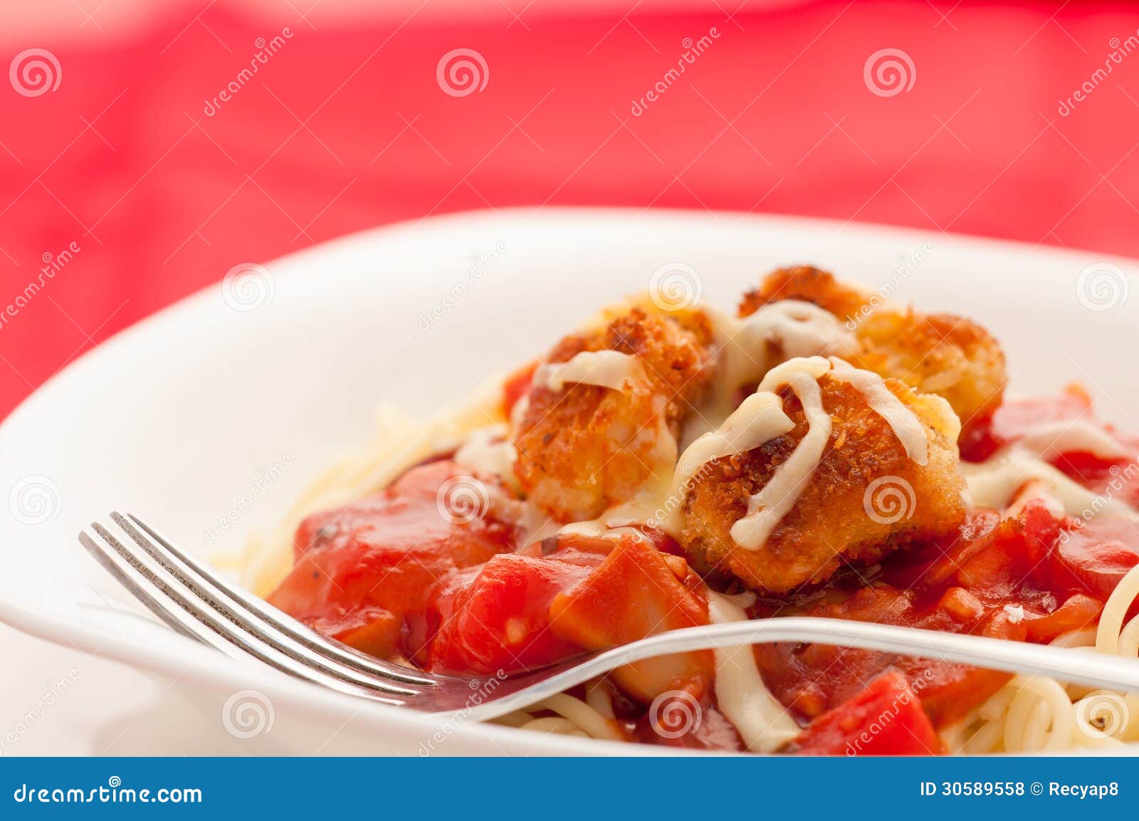 Spaghetti with Chicken Nuggets Stock Photo - Image of sesame, cucumber ...