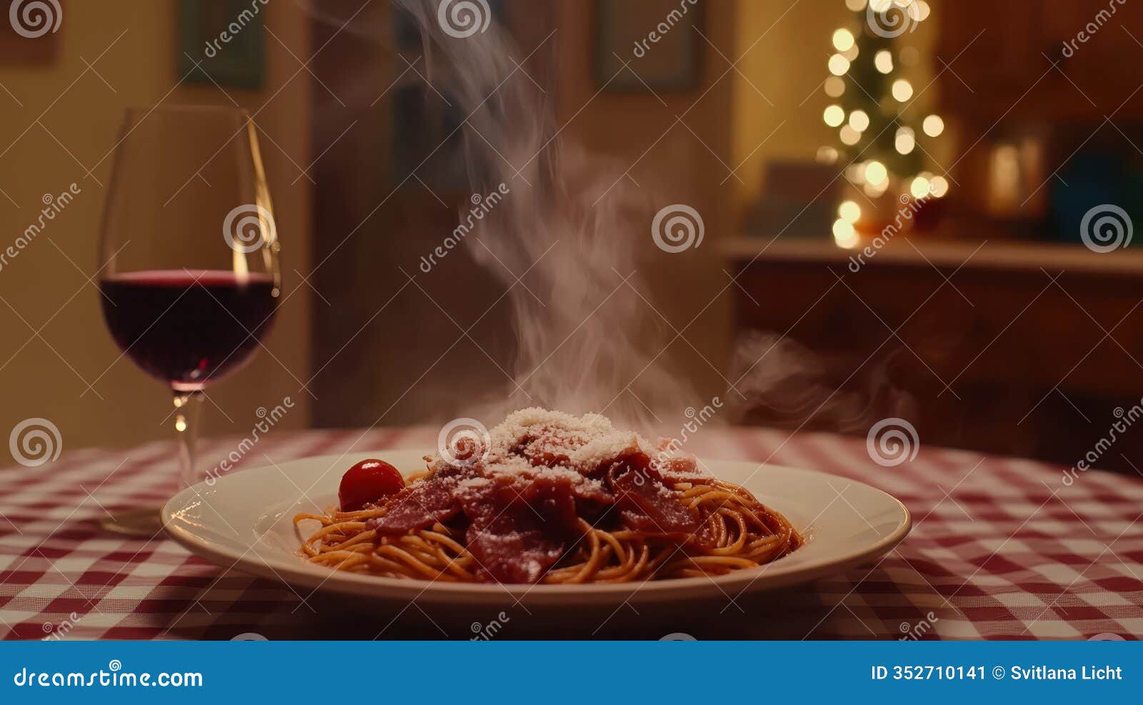 Spaghetti Dish with Glass of Wine on Cozy Dinner Table. Concept of Fine ...