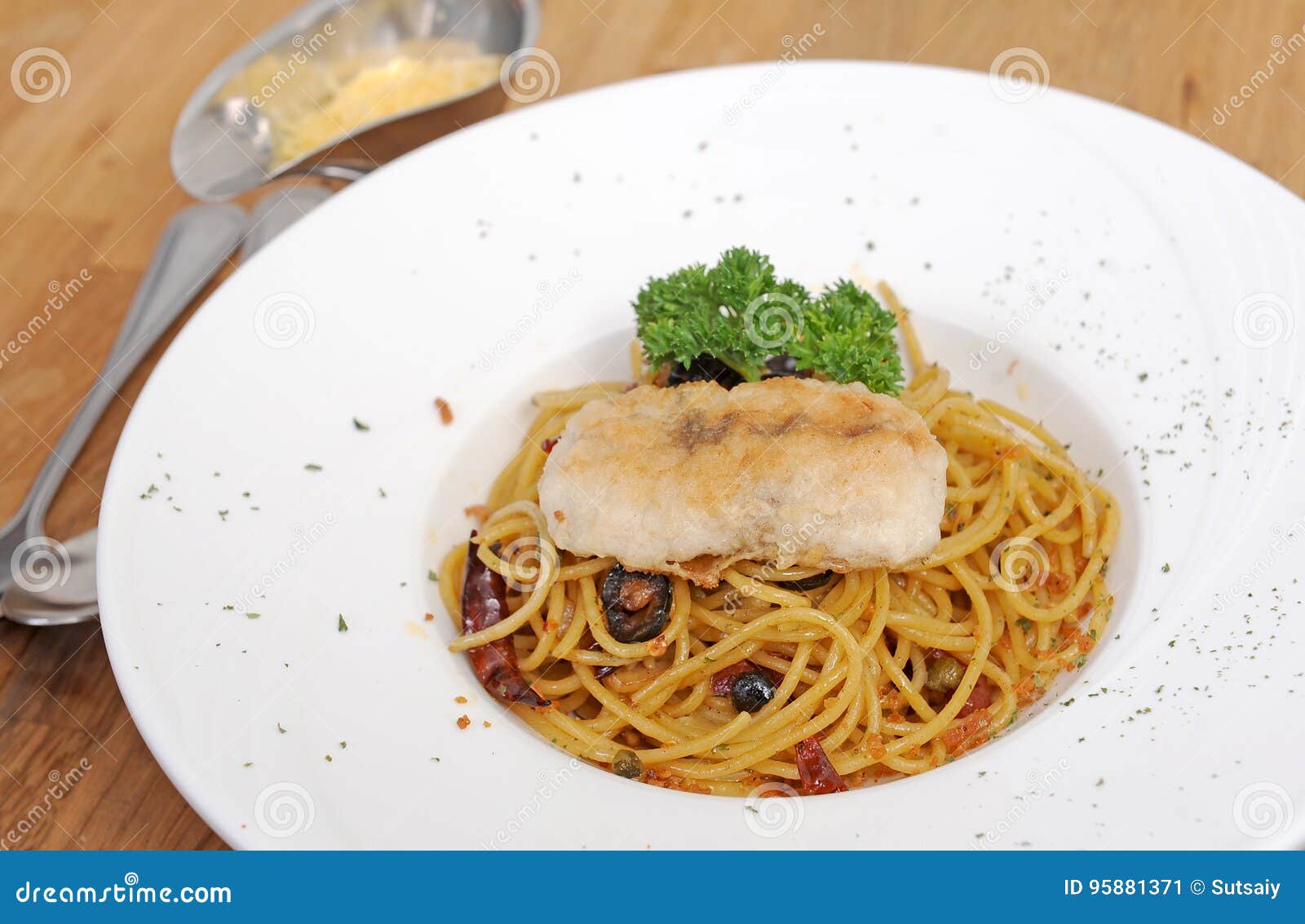 Spaghetti and fish fried stock image. Image of delicious - 95881371