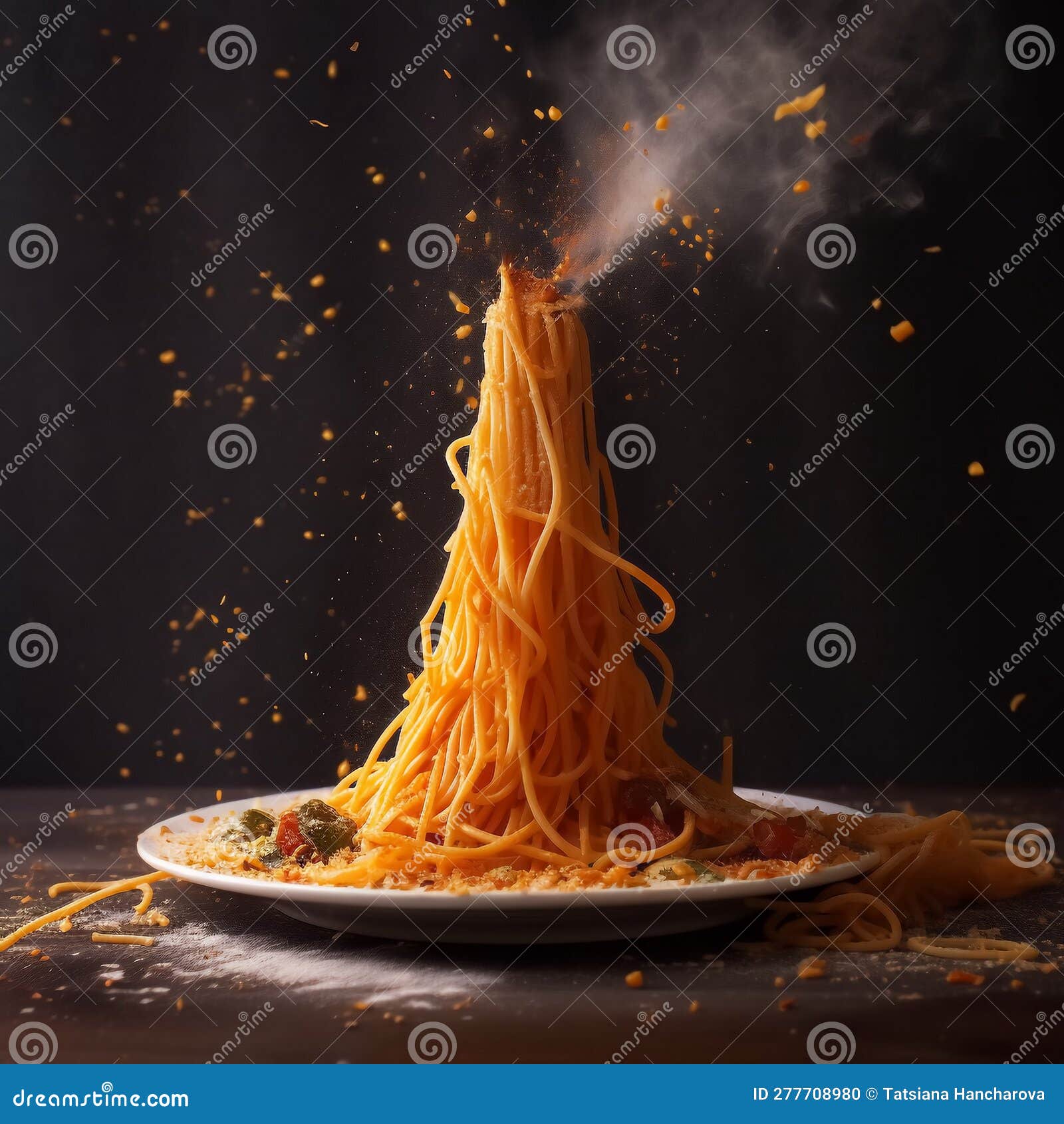 Spaghetti is Flying Apart from the Explosion on the Plate. Creative ...