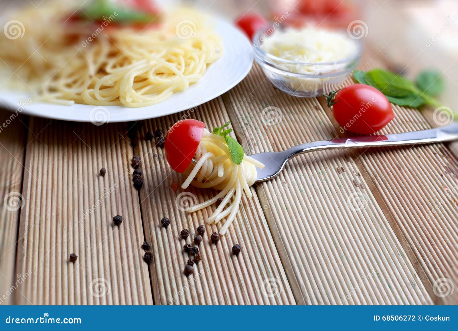 Spaghetti on a fork stock photo. Image of mint, cheese - 68506272