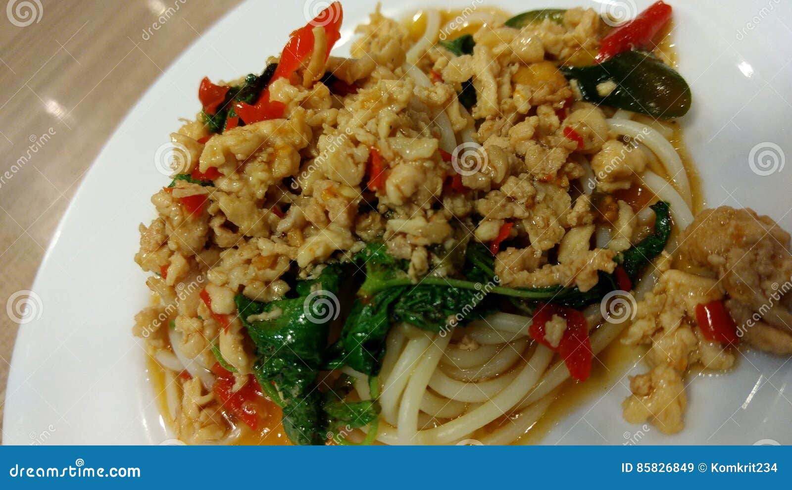 Spaghetti Fried with Chicken and Basil Leaves Menu Stock Image - Image ...