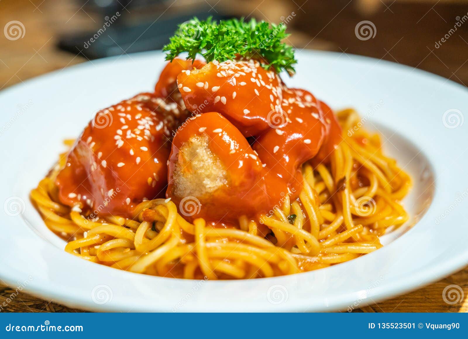 Spaghetti Fried Chicken Cubes Stock Image - Image of closeup, bolognese ...
