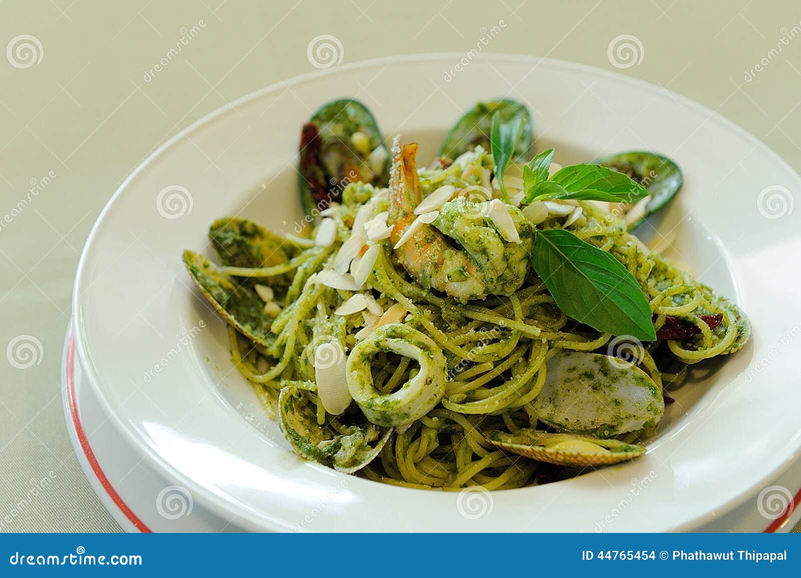 Spaghetti Genovese with Seafood Stock Photo - Image of fork, beverage ...