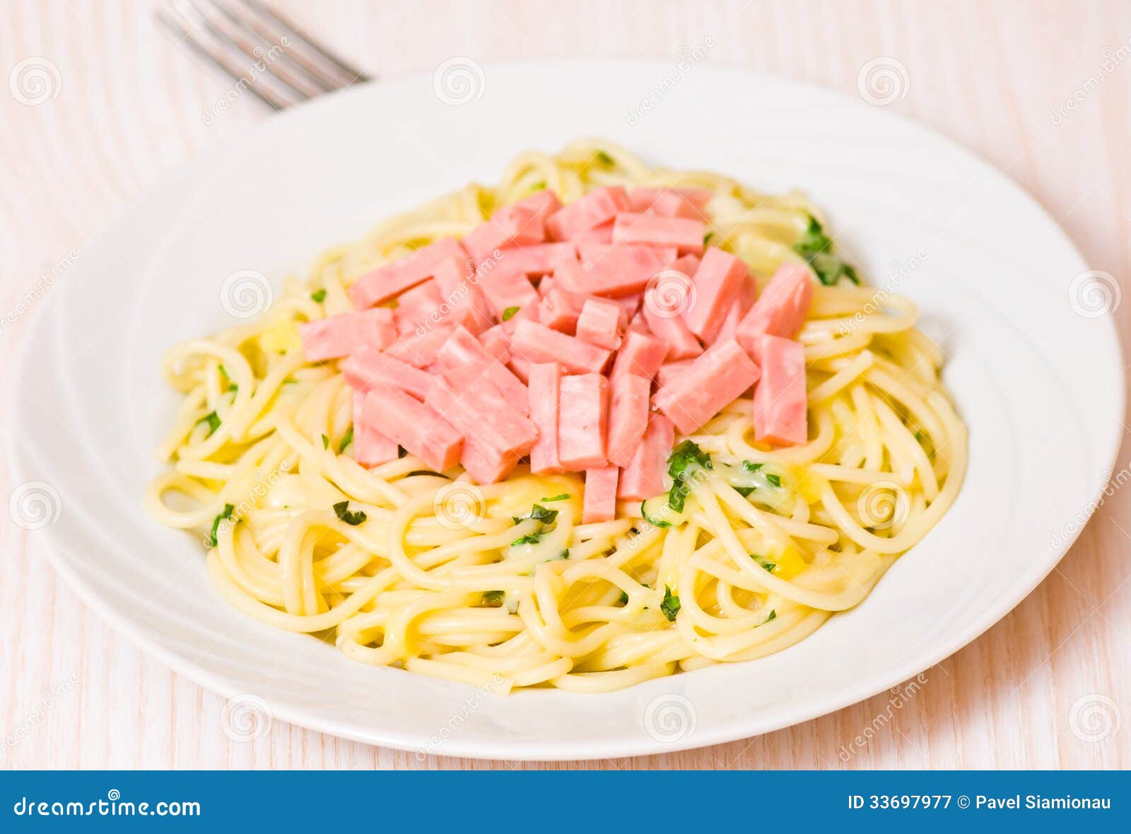 Spaghetti with Ham, Cheese and Basil Stock Image - Image of delicious ...