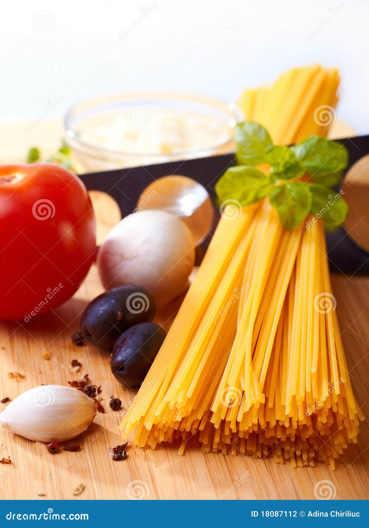 Spaghetti and ingredients stock photo. Image of cheese - 18087112