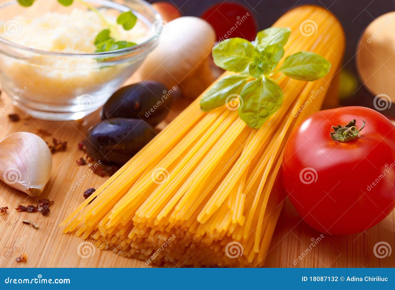Spaghetti and ingredients stock photo. Image of basil - 18087132