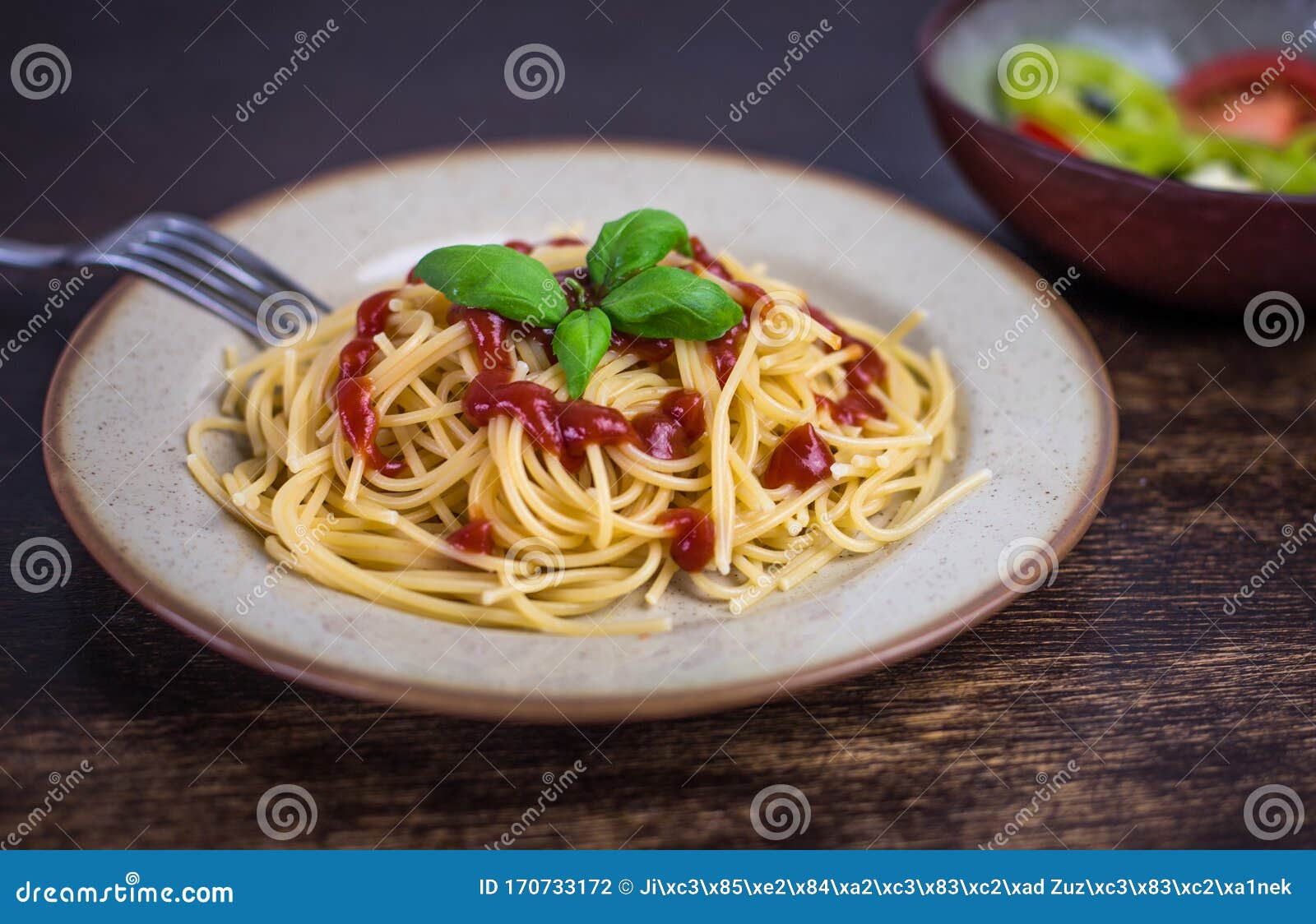 Spaghetti with Ketchup and Basil Stock Photo - Image of meal, spaghetti ...