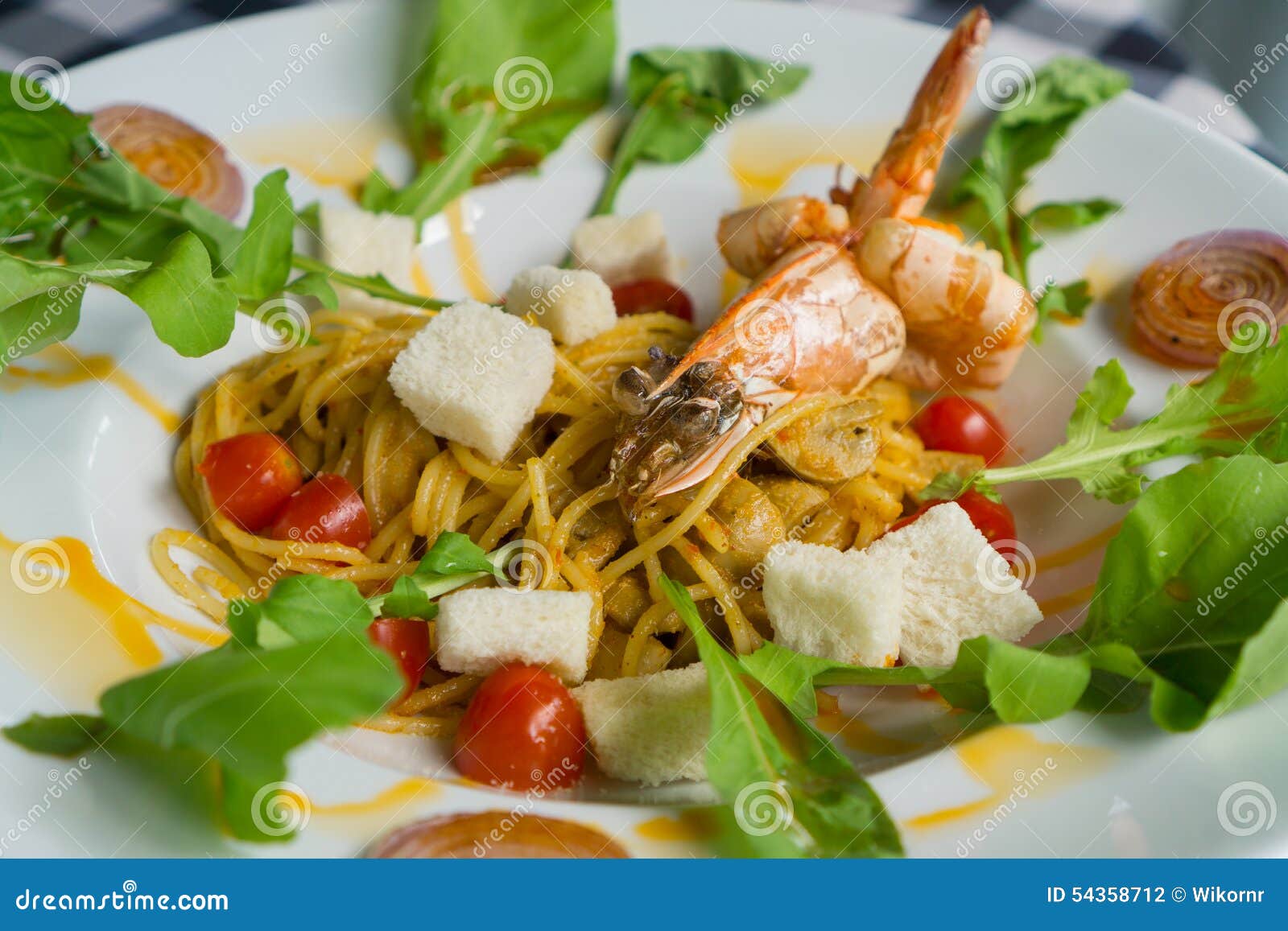 Spaghetti with king prawn stock photo. Image of sauce - 54358712