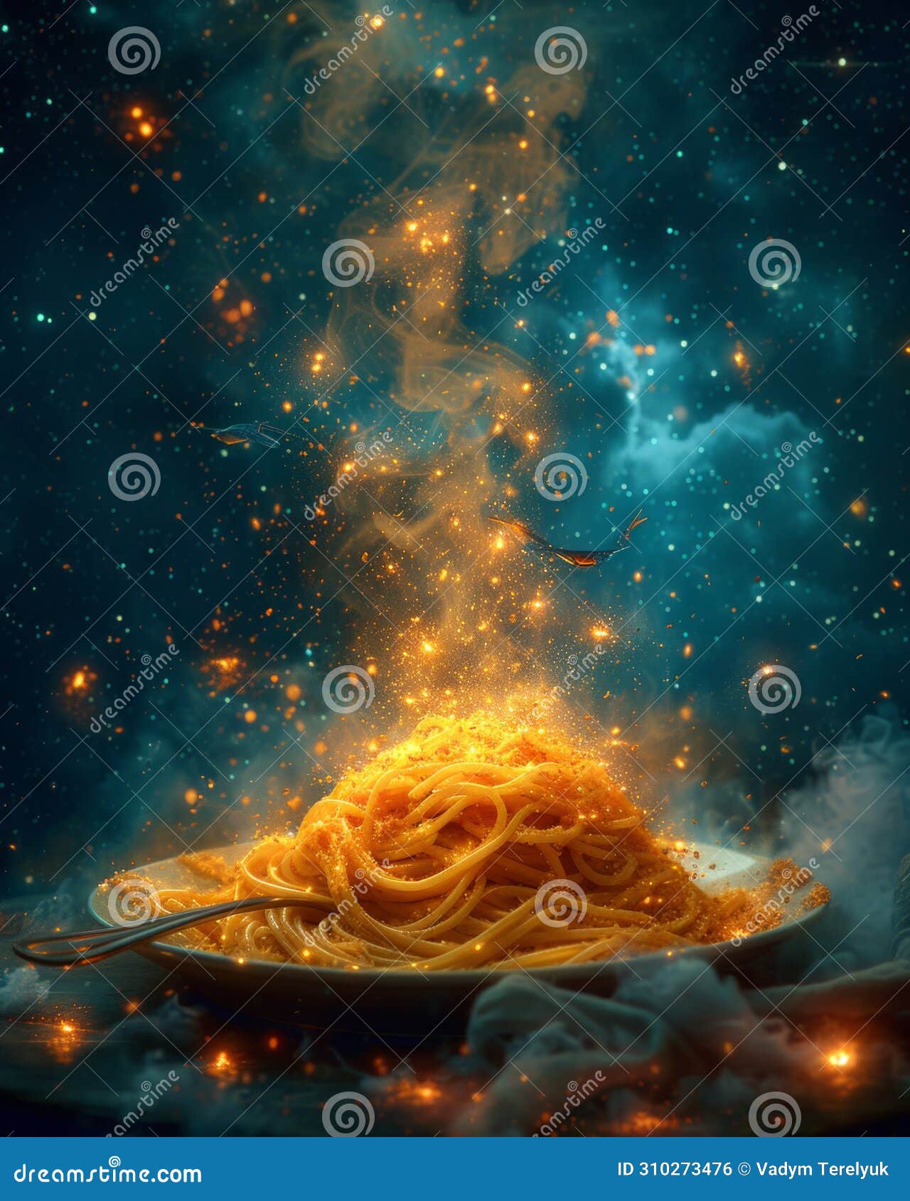 Spaghetti with Magic Wand Spaghetti Flying in the Air on Dark ...