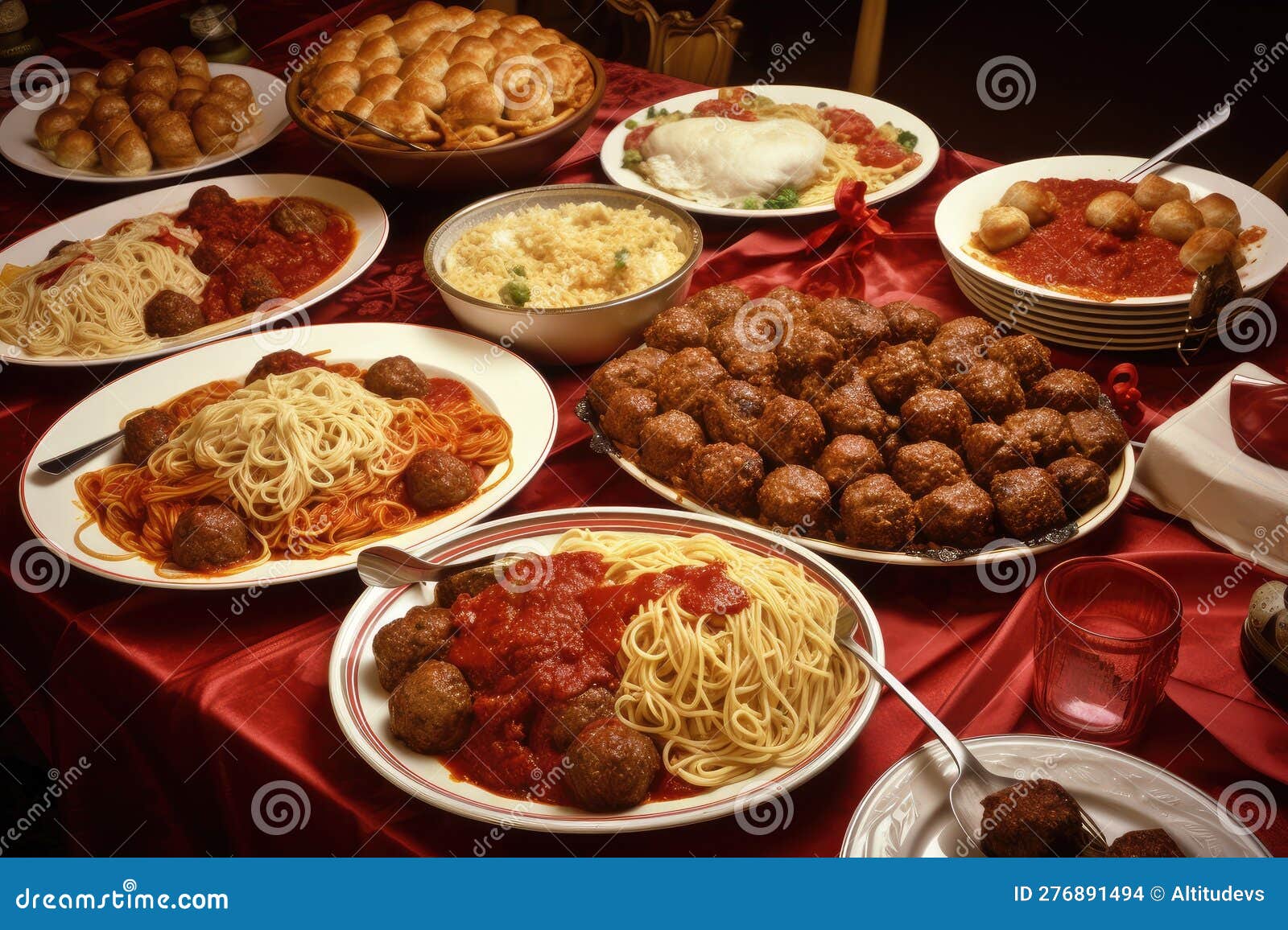 Spaghetti and Meatballs Feast, with Multiple Plates of Spaghetti and ...