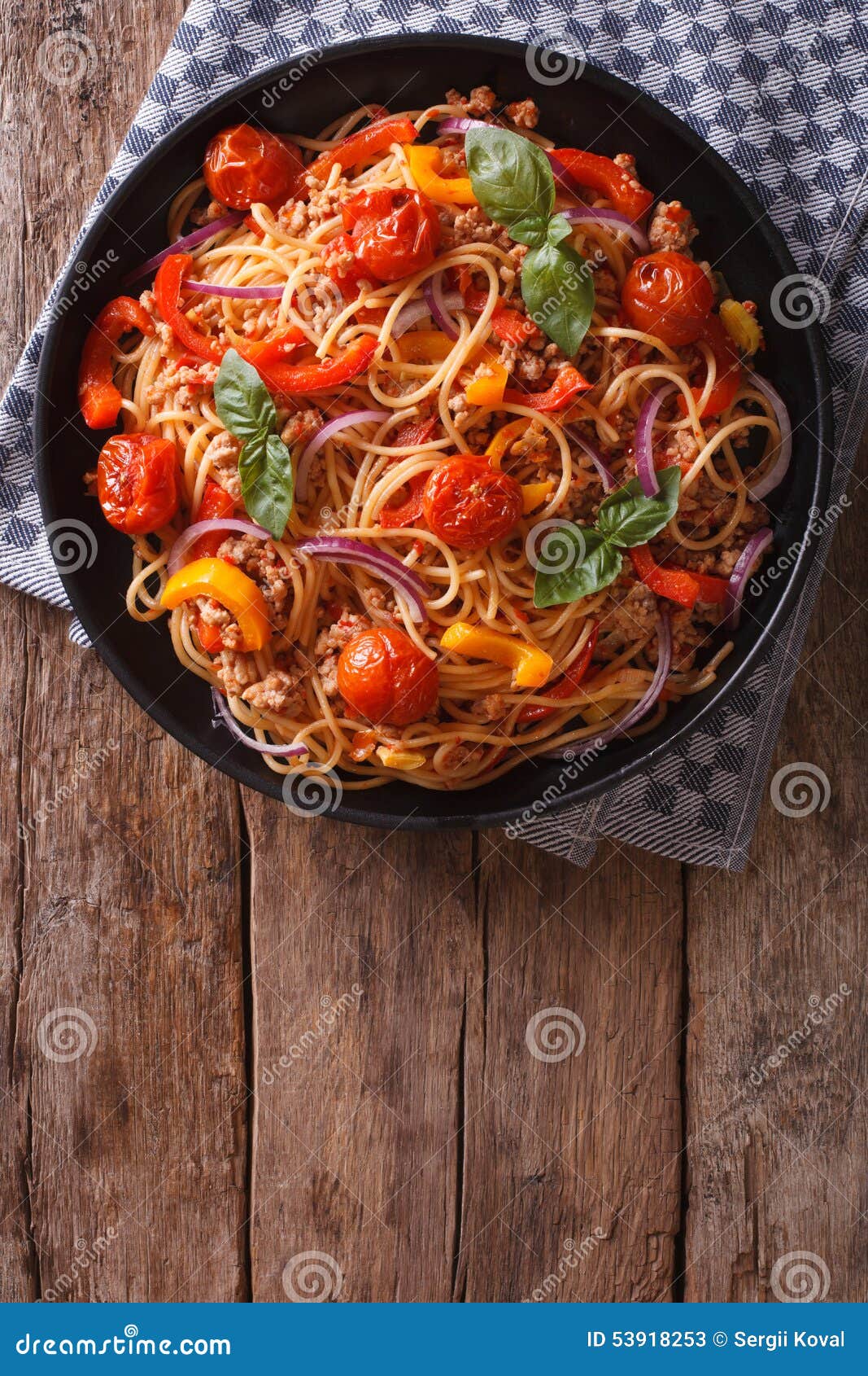 Spaghetti with Minced and Vegetables. Vertical Top View Stock Image ...
