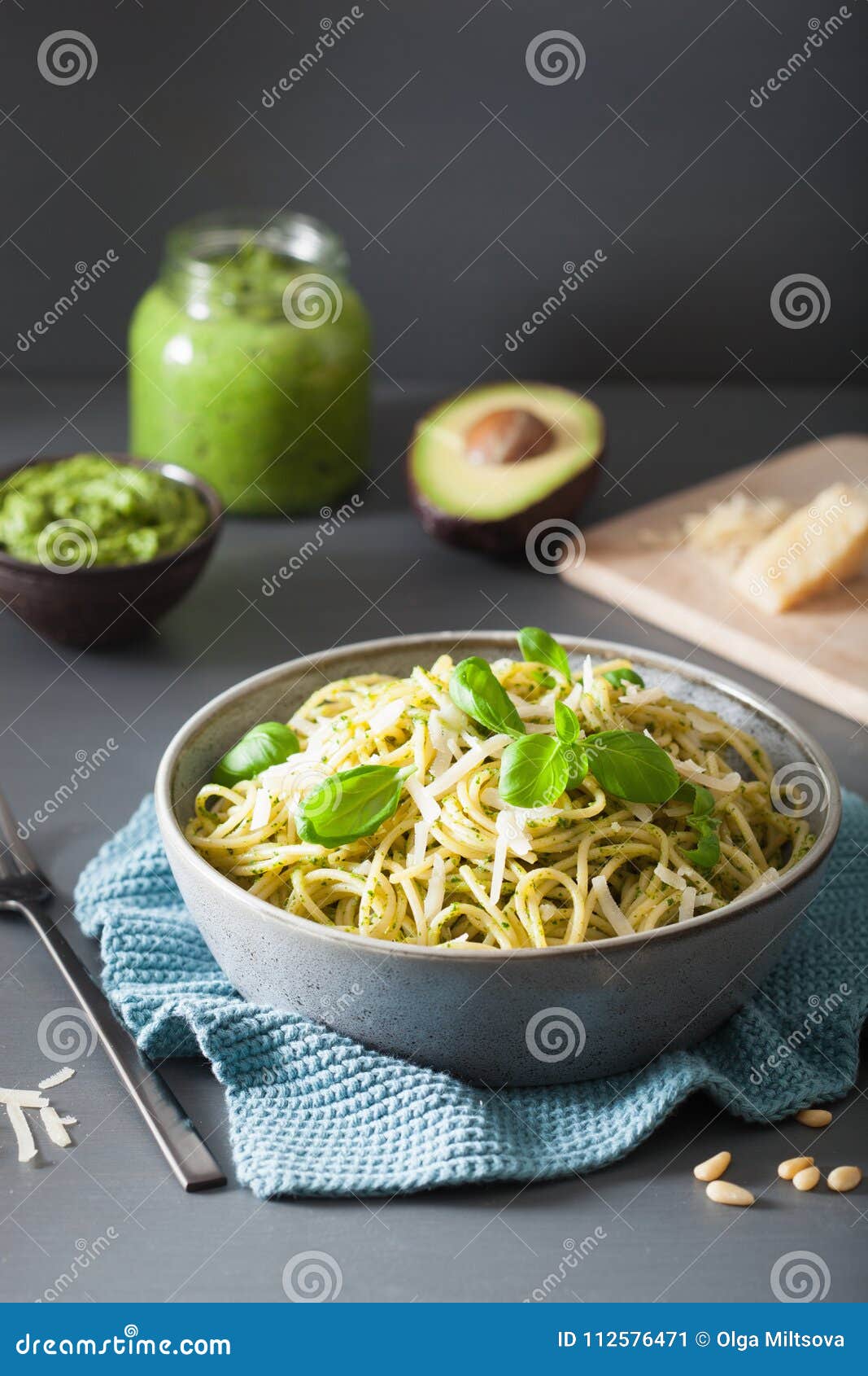 Spaghetti Pasta with Avocado Basil Pesto Sauce Stock Image - Image of ...