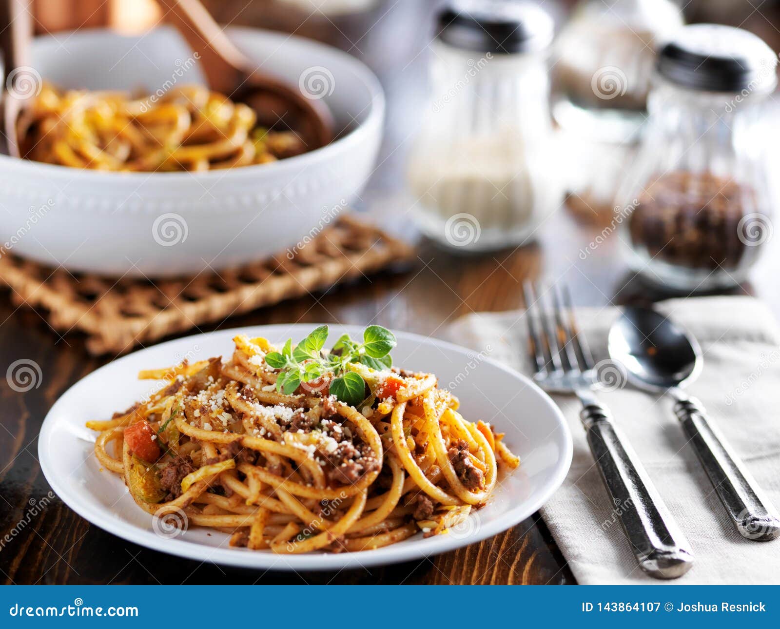Spaghetti Pasta Dinner on Plate with Meat Sauce and Oregano Stock Image ...