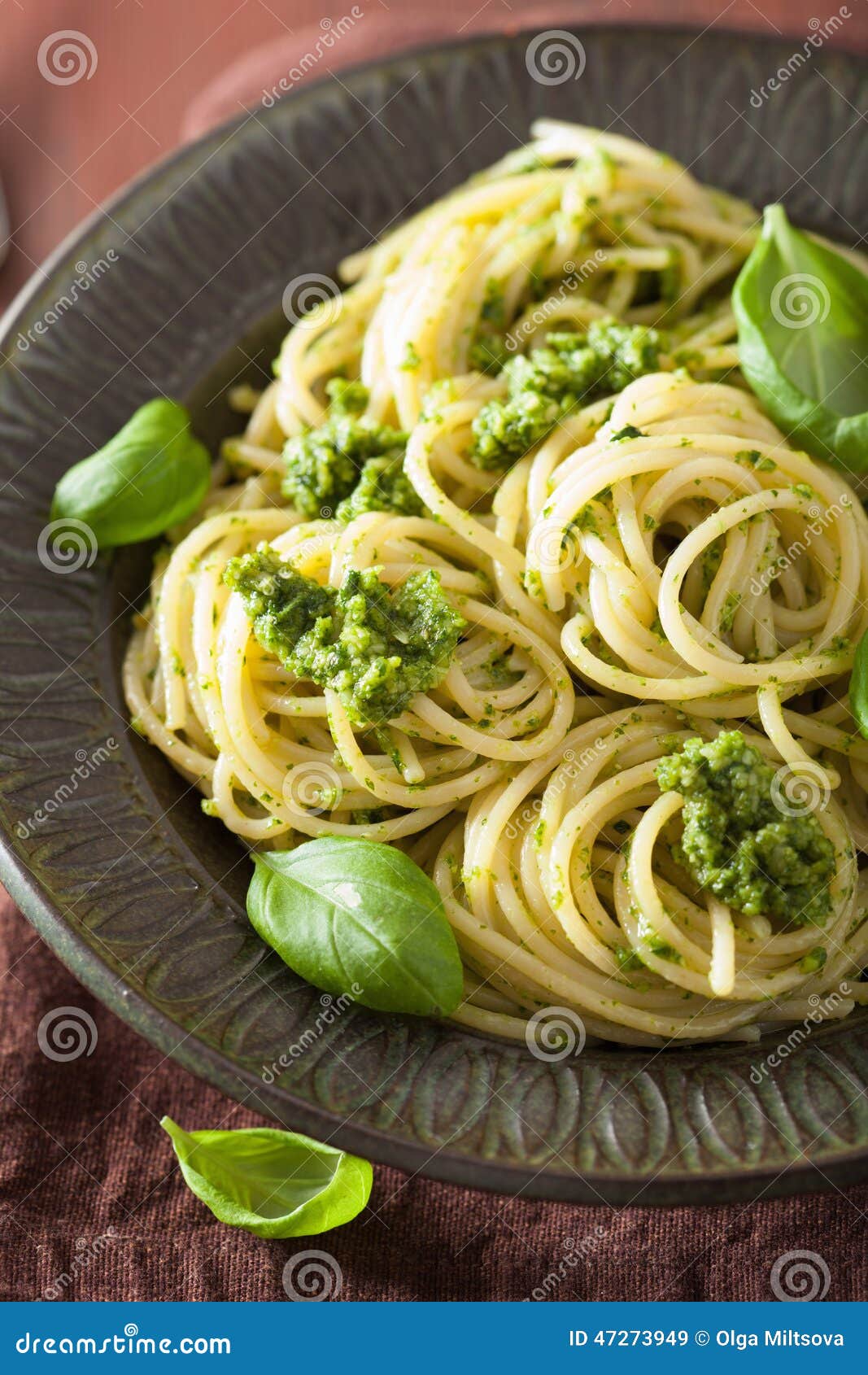 Spaghetti Pasta with Pesto Sauce Over Rustic Table Stock Image - Image ...