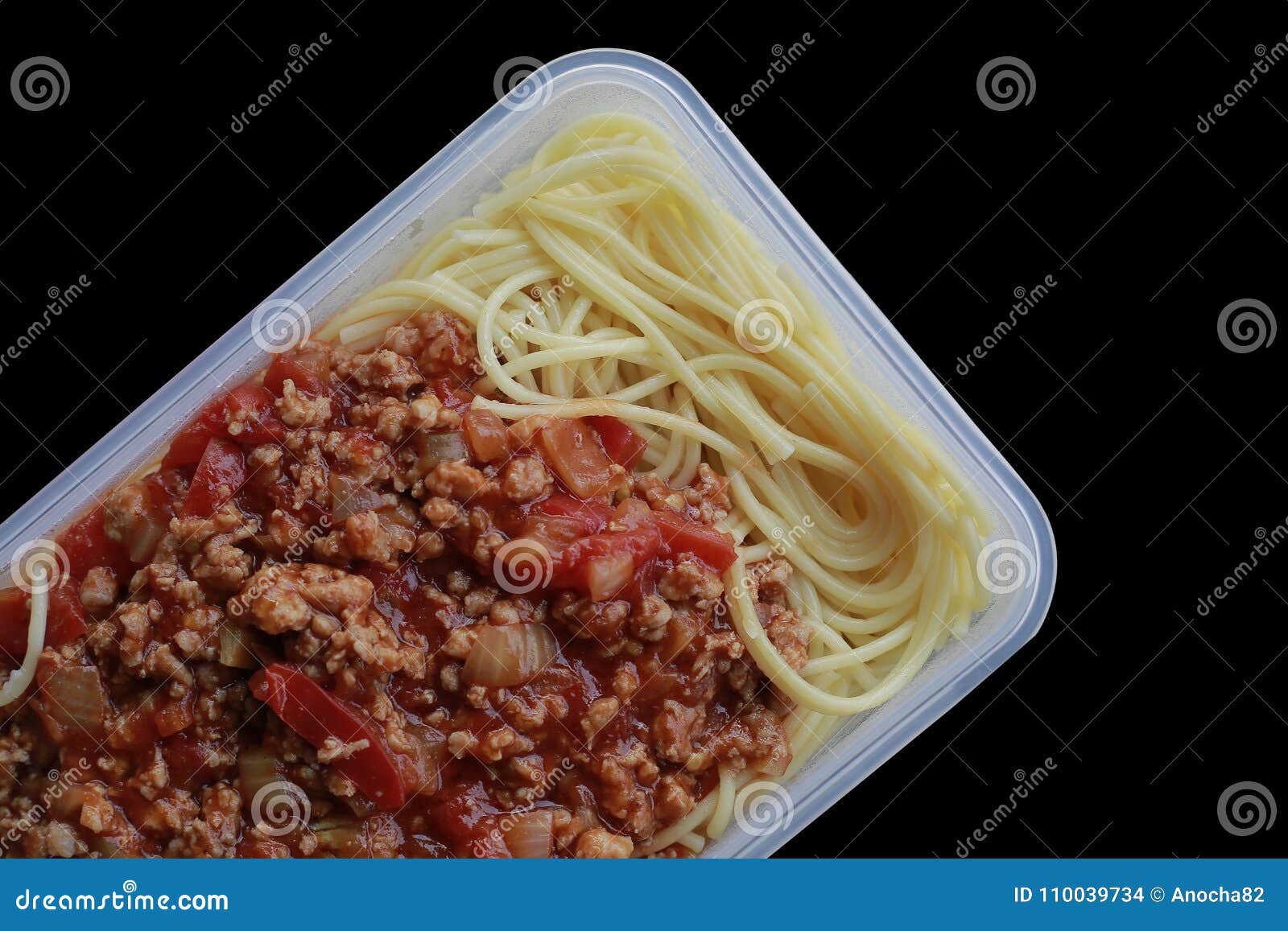 Spaghetti with Plastic Box, on Black. Stock Photo - Image of crouton ...