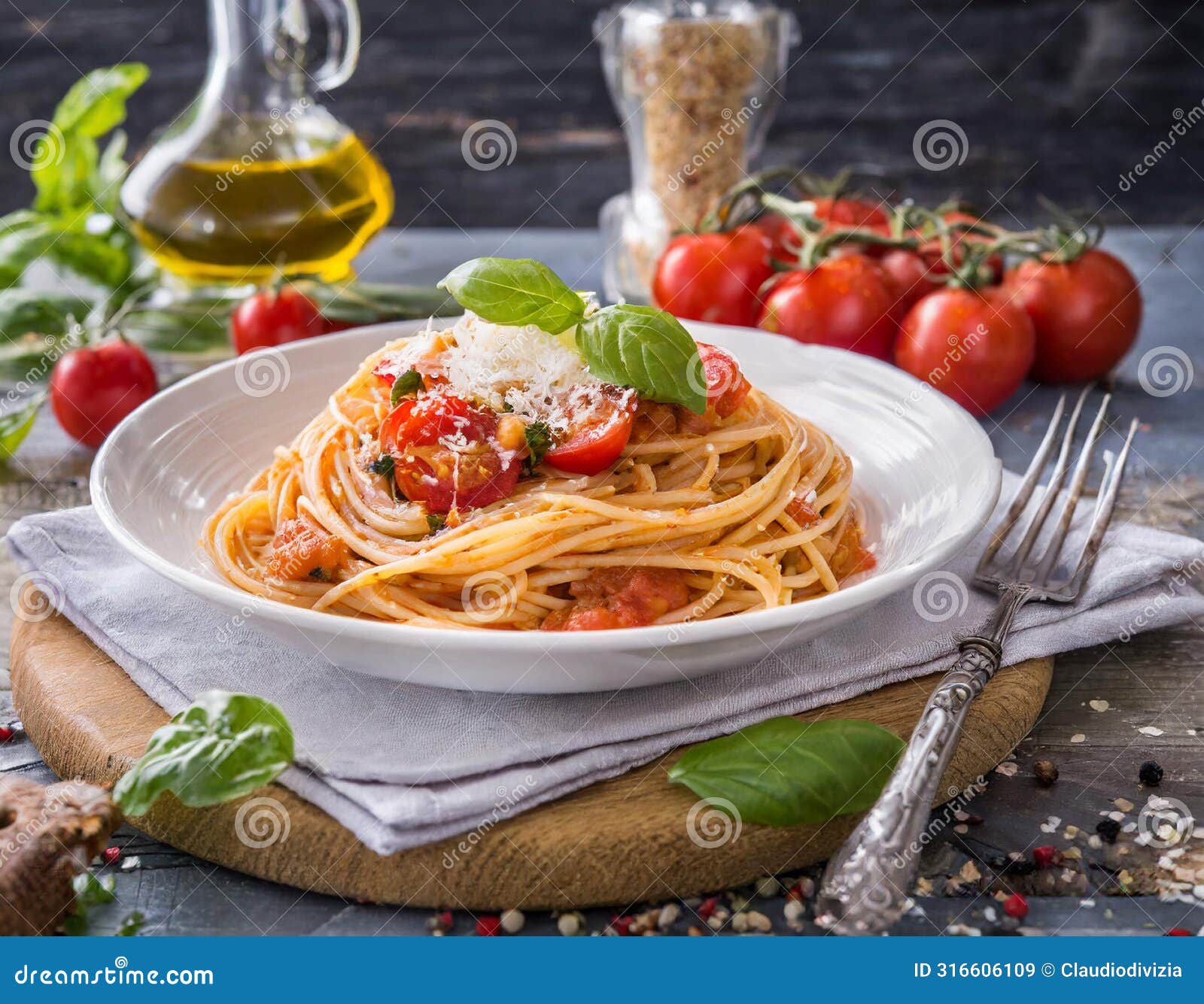 Spaghetti pomodoro dish stock image. Image of sauce - 316606109