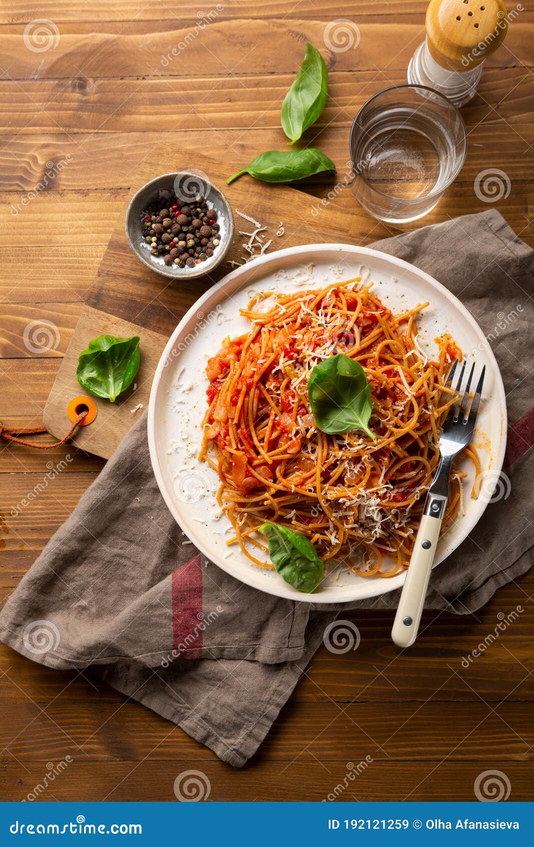 Spaghetti with Red Sauce on White Plate Top View on Wooden Table Stock ...