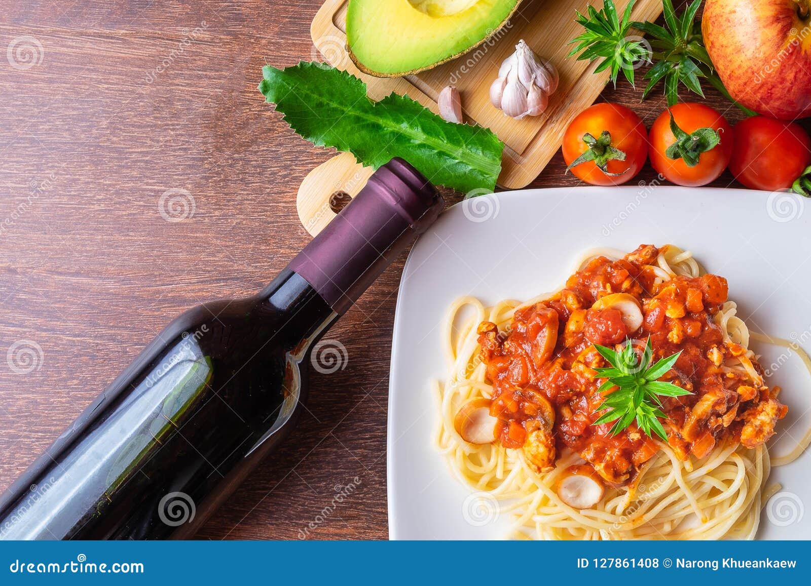 Spaghetti and Red Wine on Wood Table Stock Photo - Image of eating ...