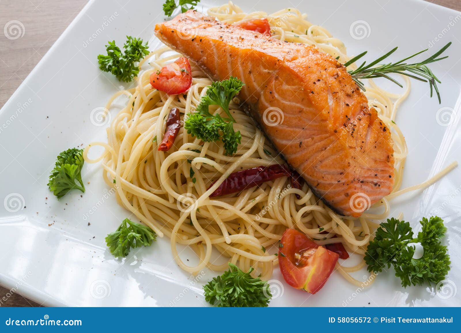 Spaghetti with Salmon Fillet on White Dish Stock Photo - Image of fresh ...