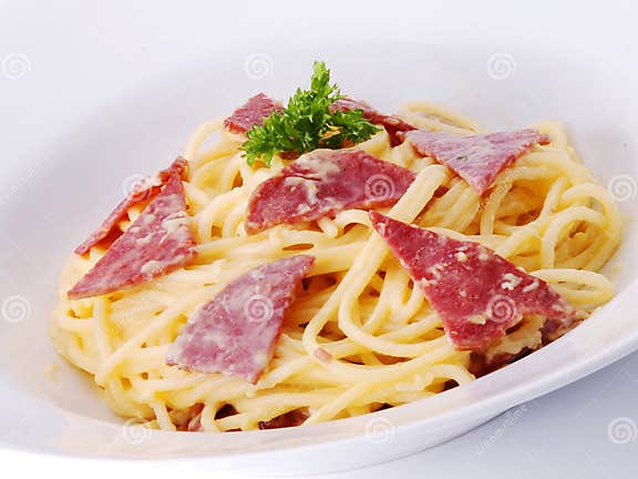 Spaghetti with smoked beef stock image. Image of lunch - 15416133
