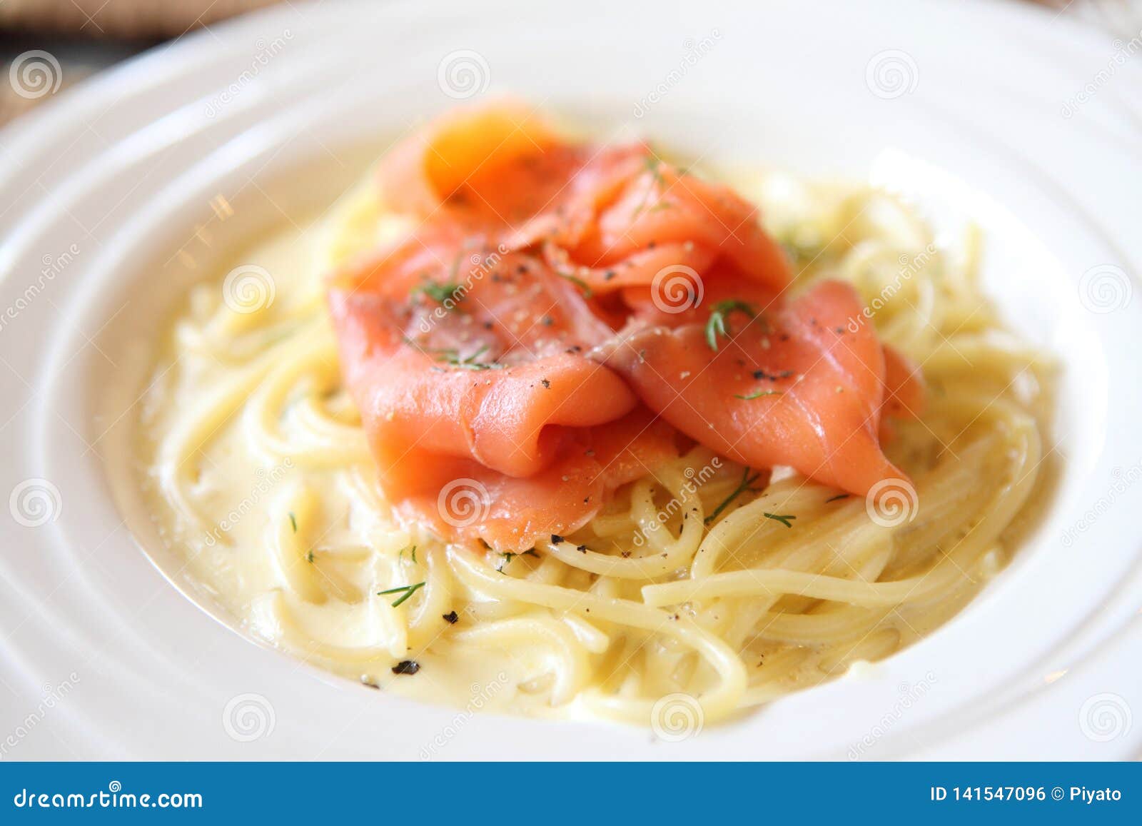 Spaghetti with Smoked Salmon Stock Photo - Image of food, parmesan ...