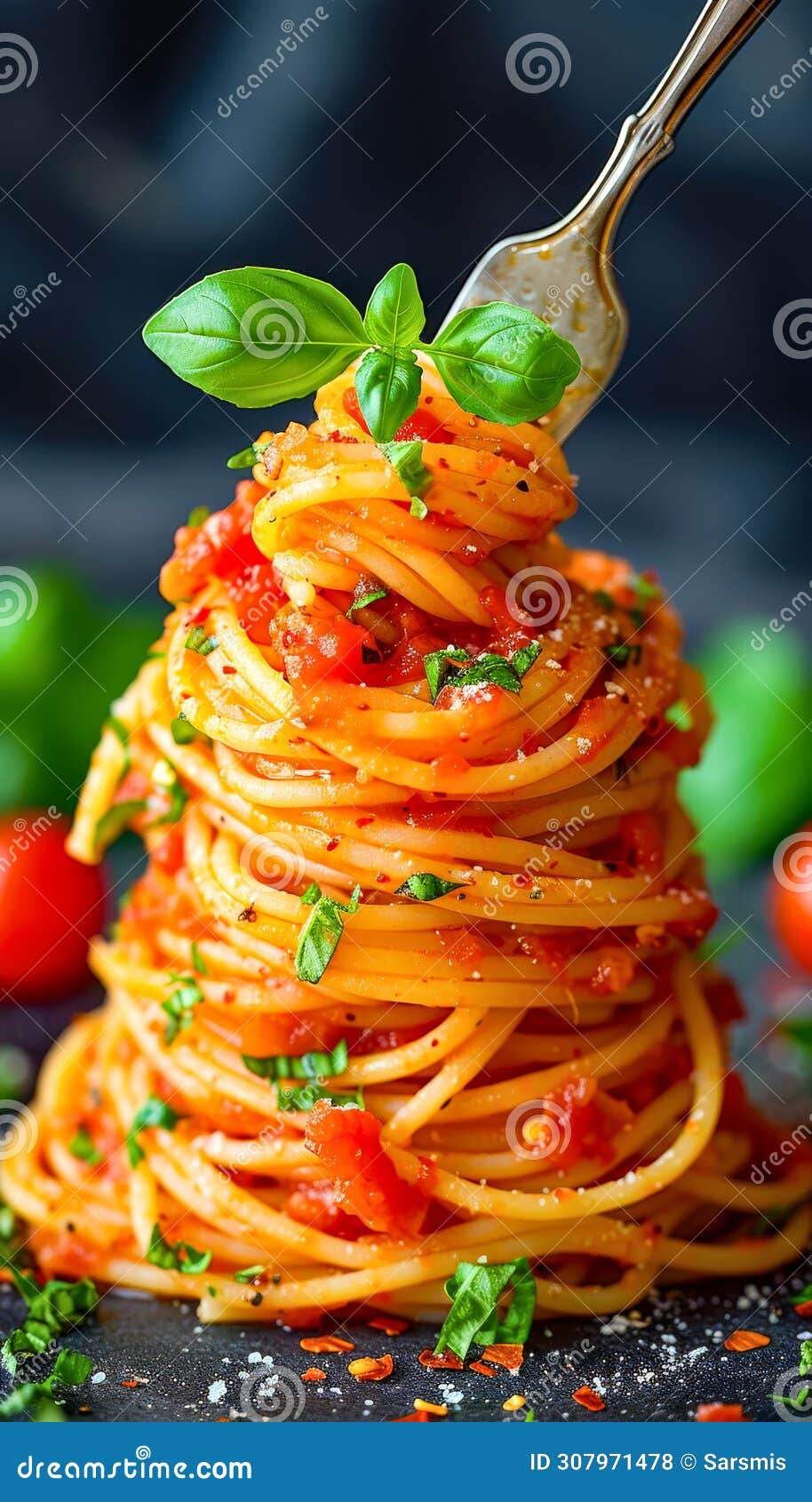 Spaghetti Stack with Tomato Chunks and Basil on Dark Background Stock ...