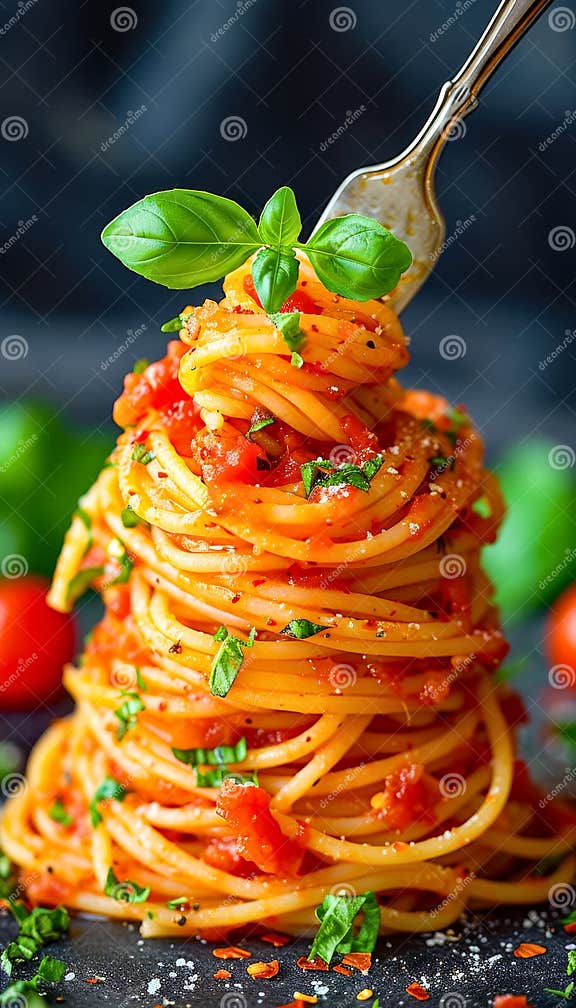 Spaghetti Stack with Tomato Chunks and Basil on Dark Background Stock ...
