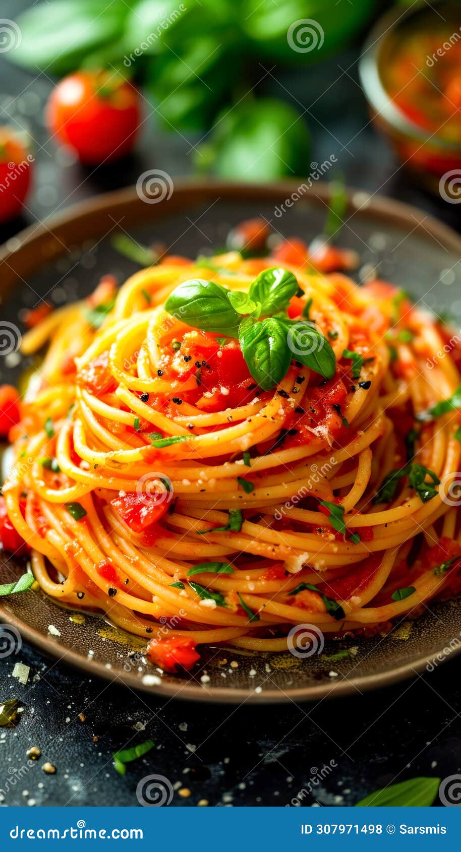 Spaghetti Stack with Tomato Chunks and Basil on Dark Background Stock ...