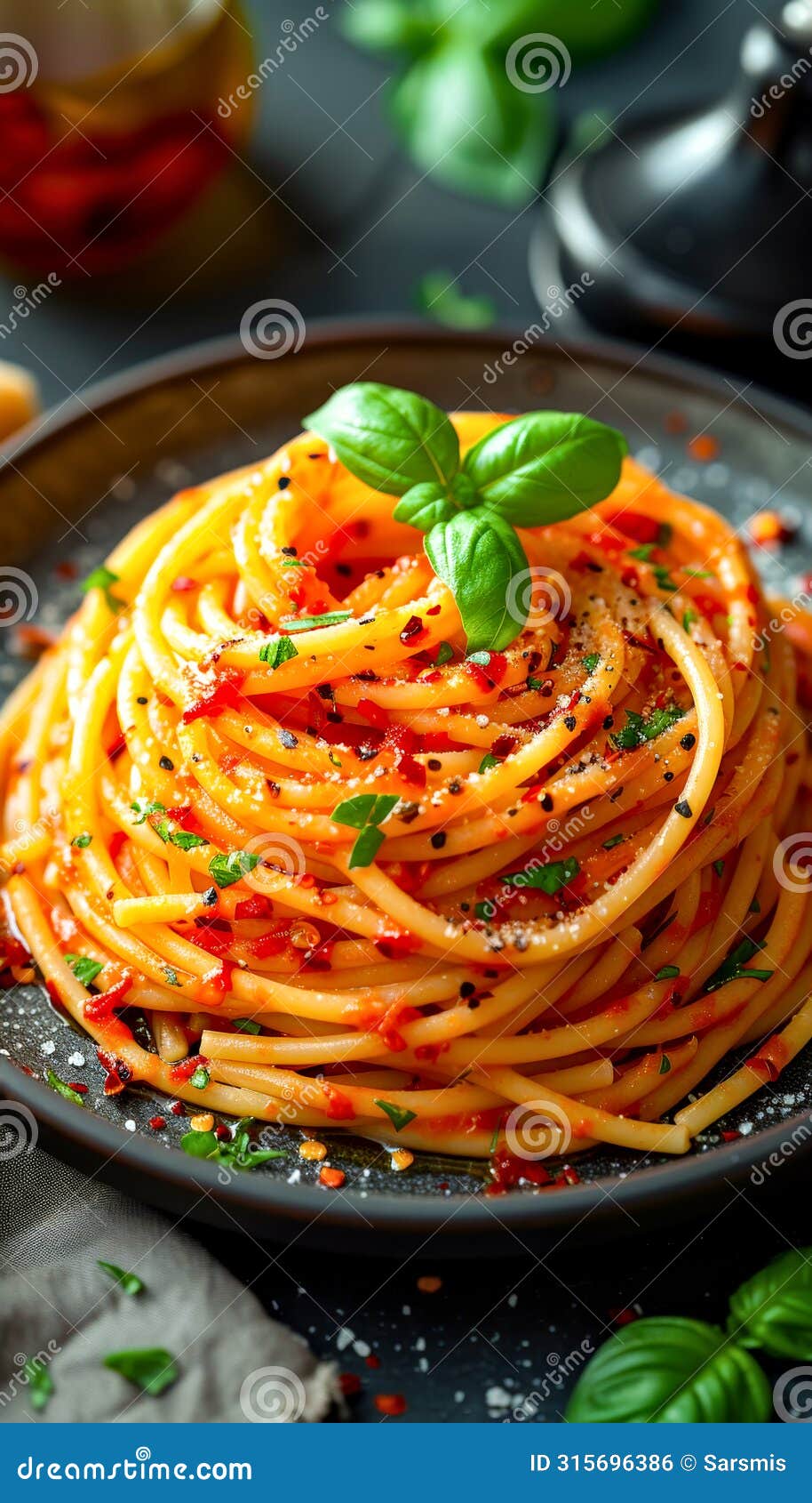 Spaghetti Stack with Tomato Chunks and Basil on Dark Background Stock ...