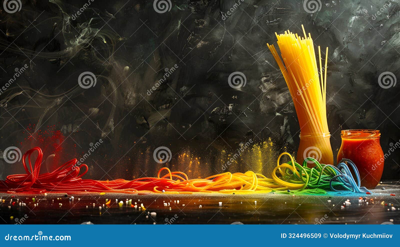 Spaghetti Stretched Lengthwise, a Rainbow-colored Light Falls on the ...
