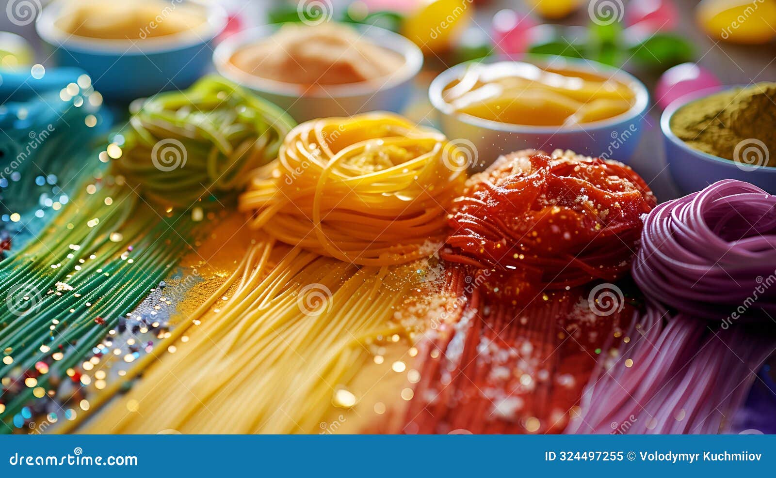 Spaghetti Stretched Lengthwise, a Rainbow-colored Light Falls on the ...