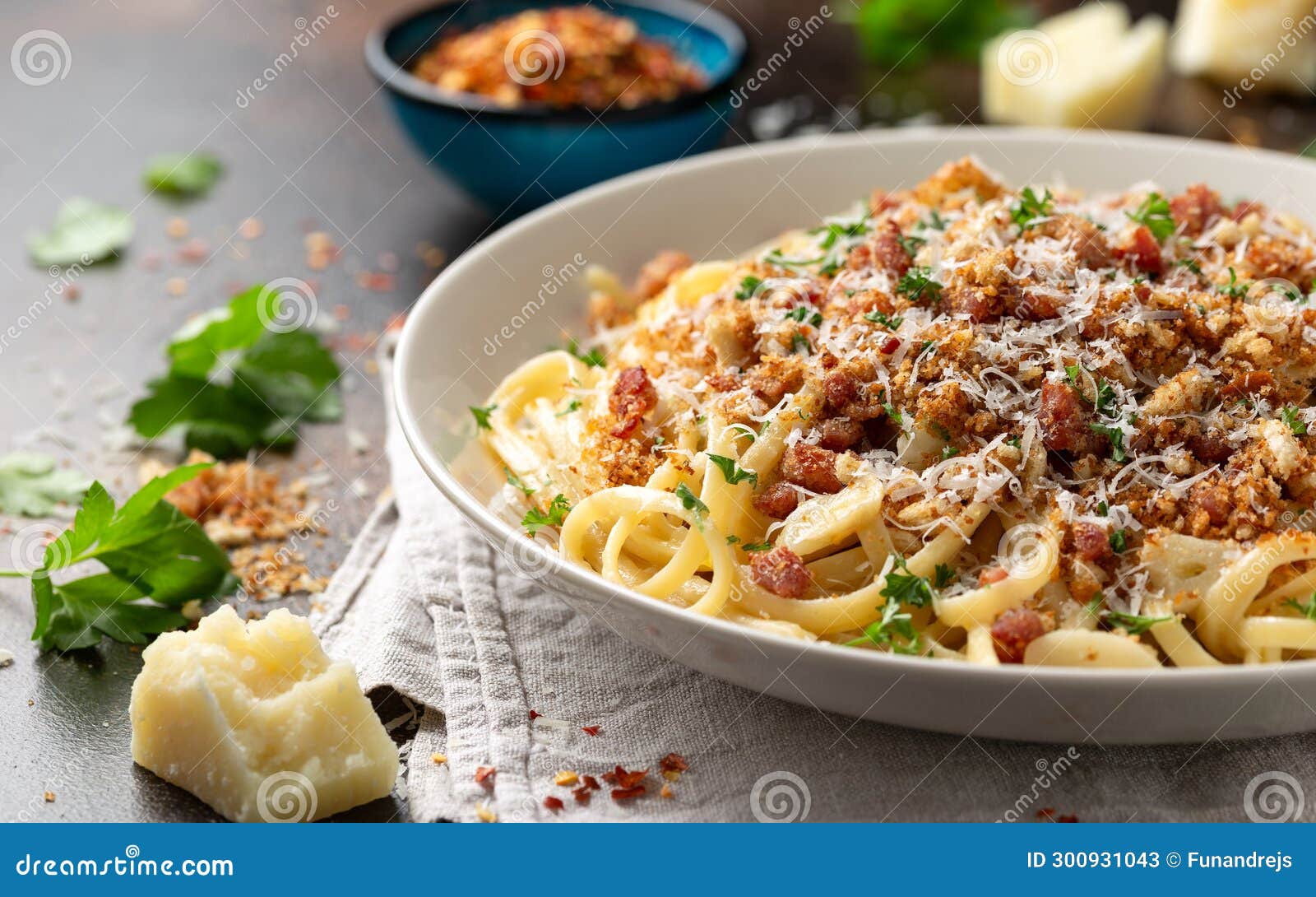 Spaghetti with Toasted Breadcrumbs, Bacon and Parmesan Cheese. Stock ...
