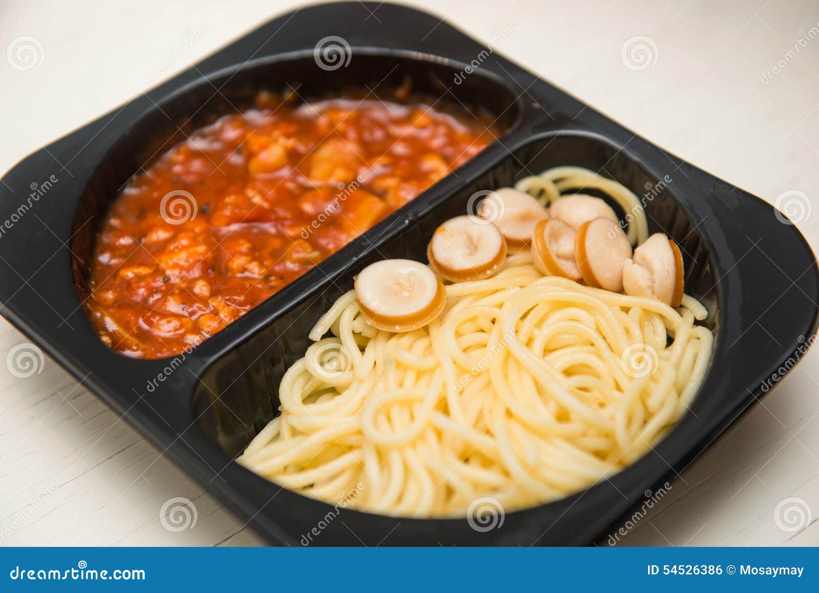 Spaghetti with Tomato Sauce in Black Plastic Box Stock Photo - Image of ...