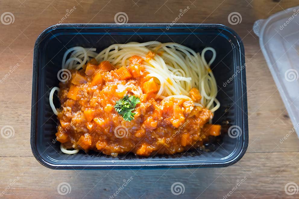 Spaghetti with Tomatoes Sauce in Lunch Box Stock Image - Image of ...