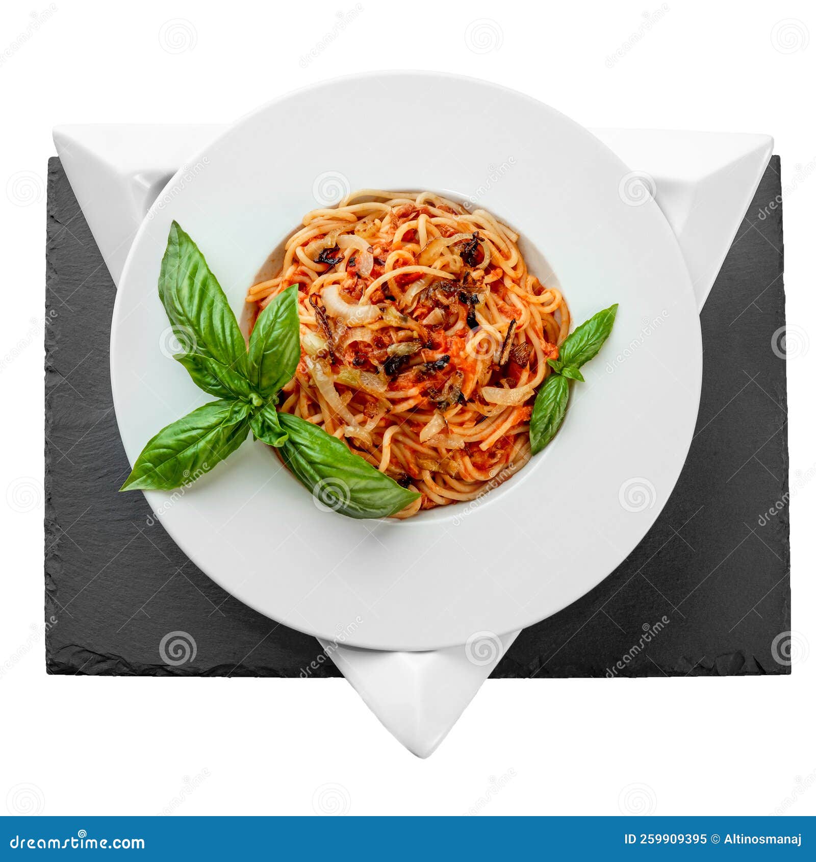 Spaghetti Tuna Pasta Basil Plate Triangle Shape Slate Table Pretty ...