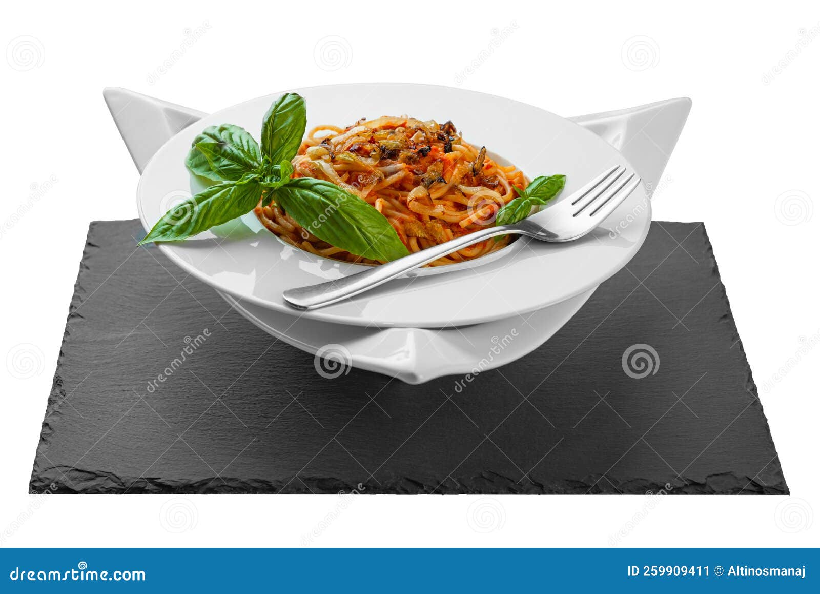 Spaghetti Tuna Pasta Basil Plate Triangle Shape Slate Table Pretty ...