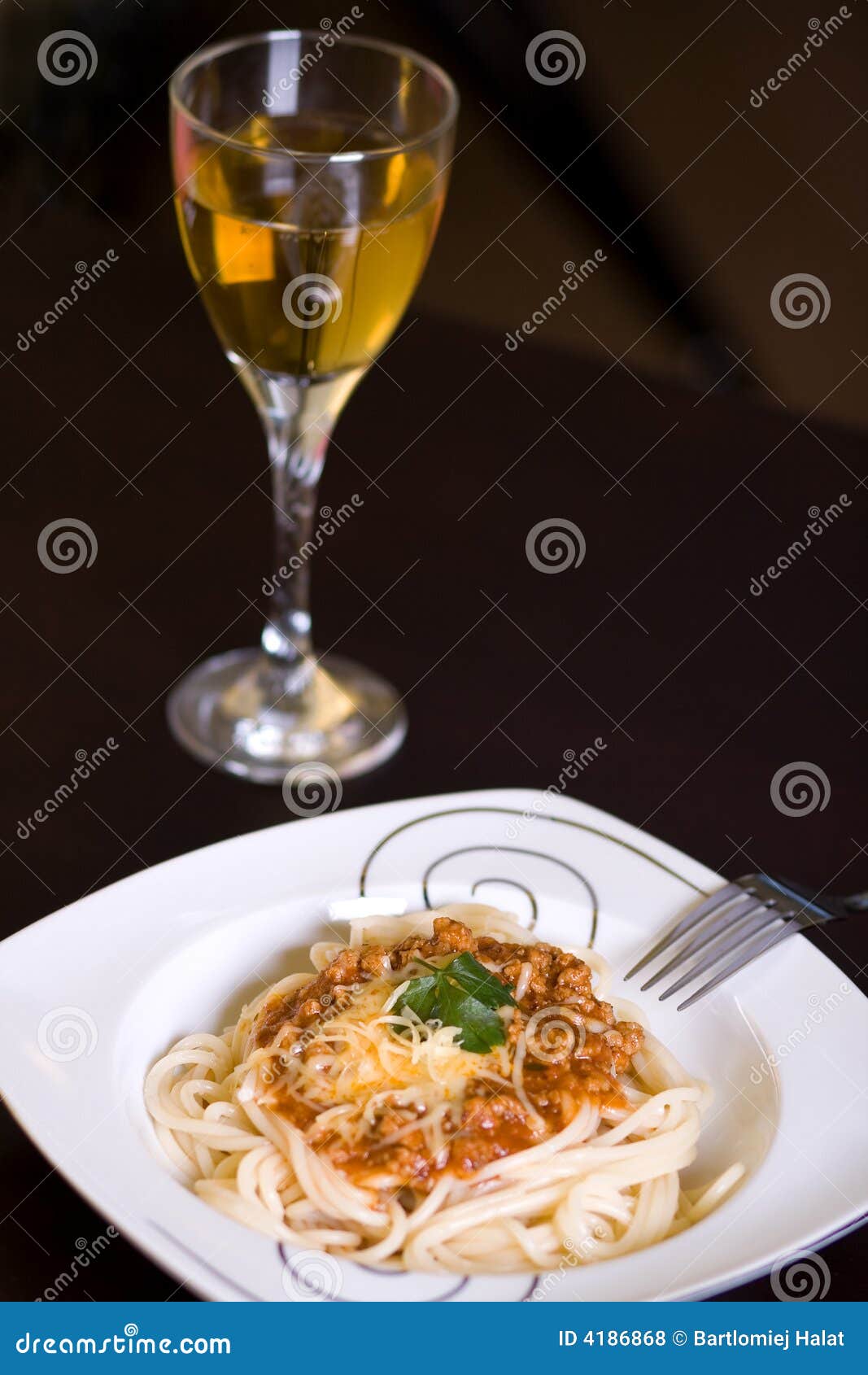 Spaghetti and Wine on Table Stock Photo - Image of restaurant, wine ...