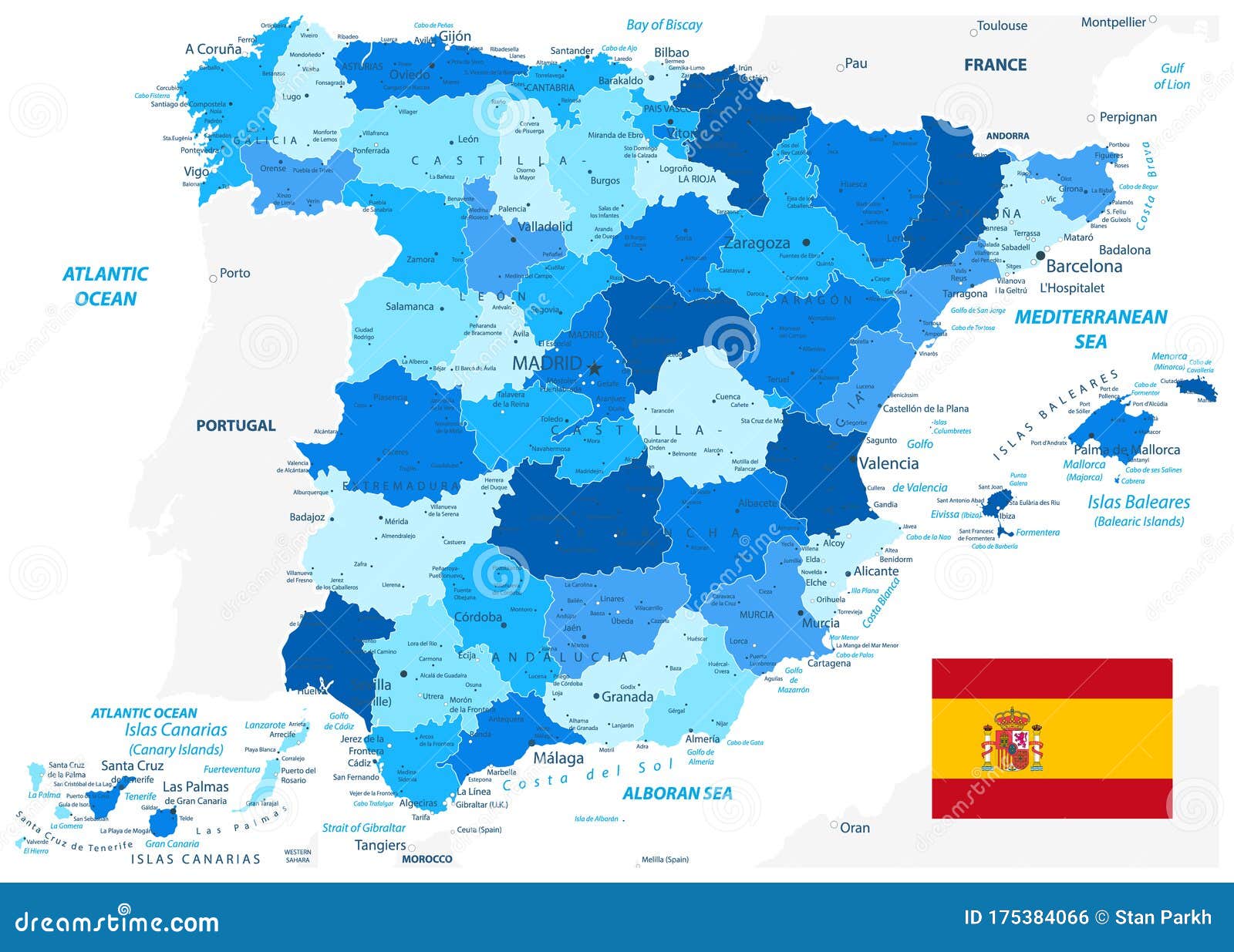 Spain Administrative Divisions Map Blue Color Stock Vector ...