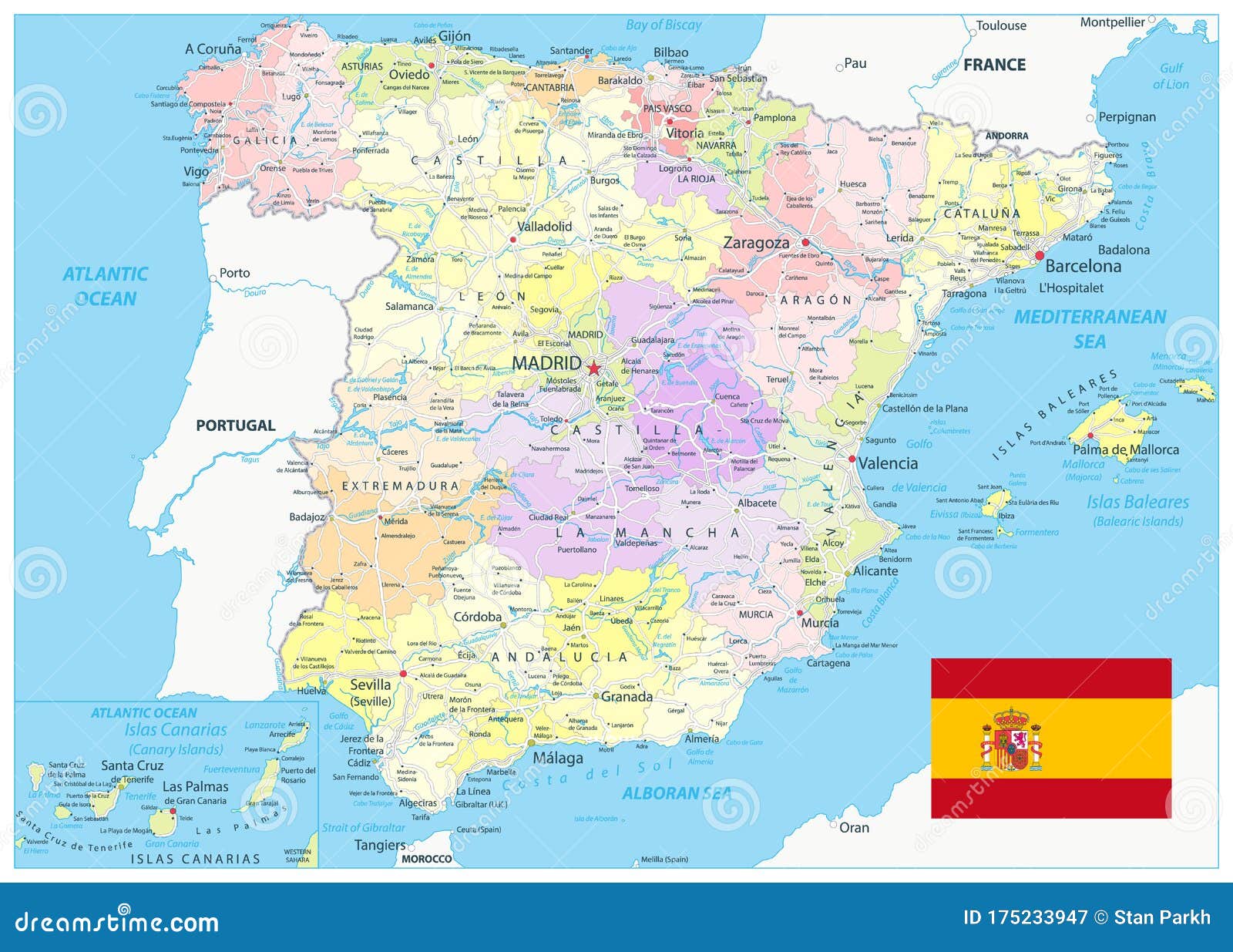 Spain Administrative Divisions Map and Roads Stock Vector ...