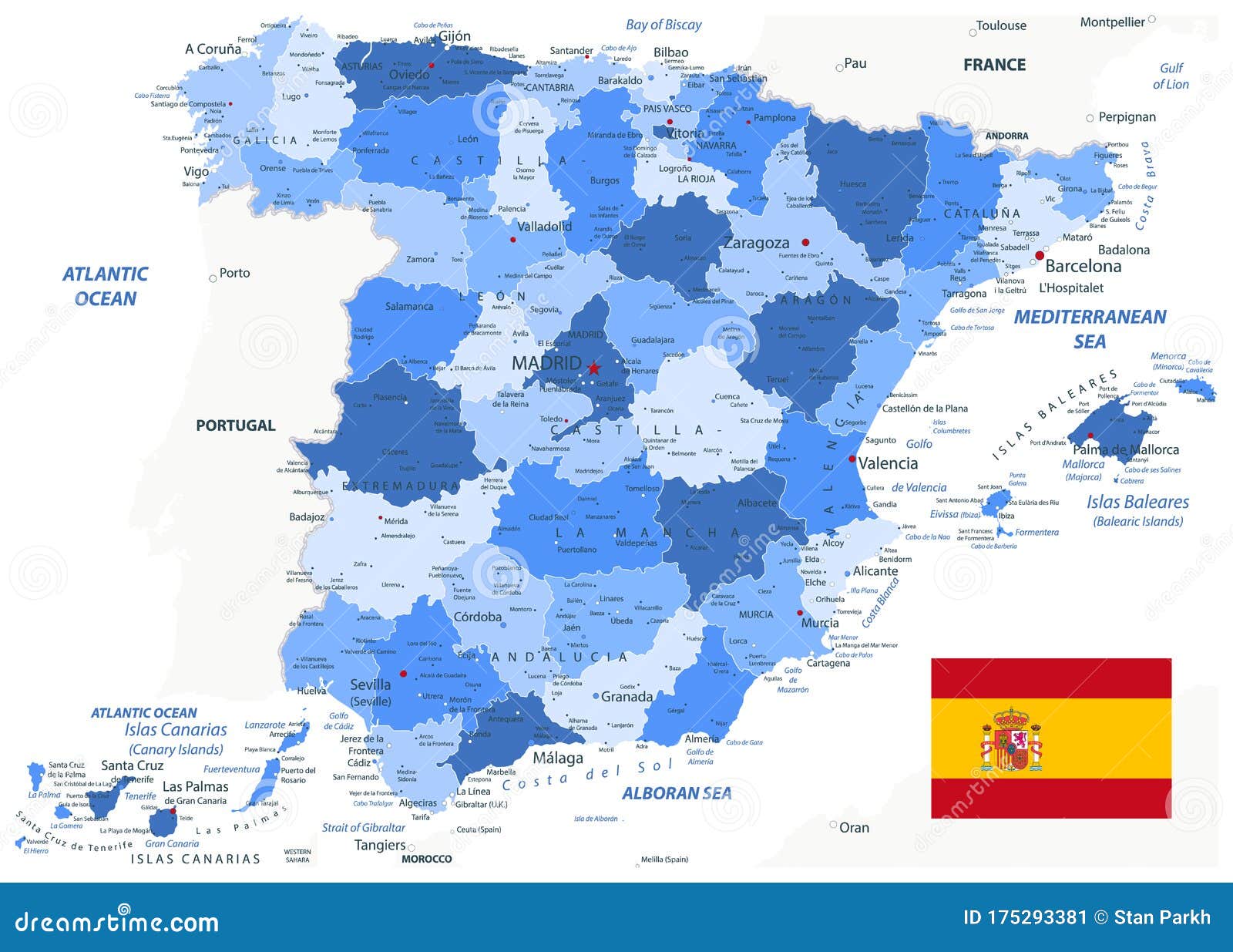 Spain Administrative Map Blue Colors Stock Vector - Illustration of ...