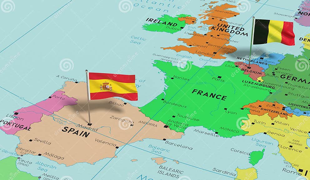 Spain and Belgium - Pin Flags on Political Map Stock Illustration ... Spain and Belgium - Pin Flags on Political Map Stock Illustration ...