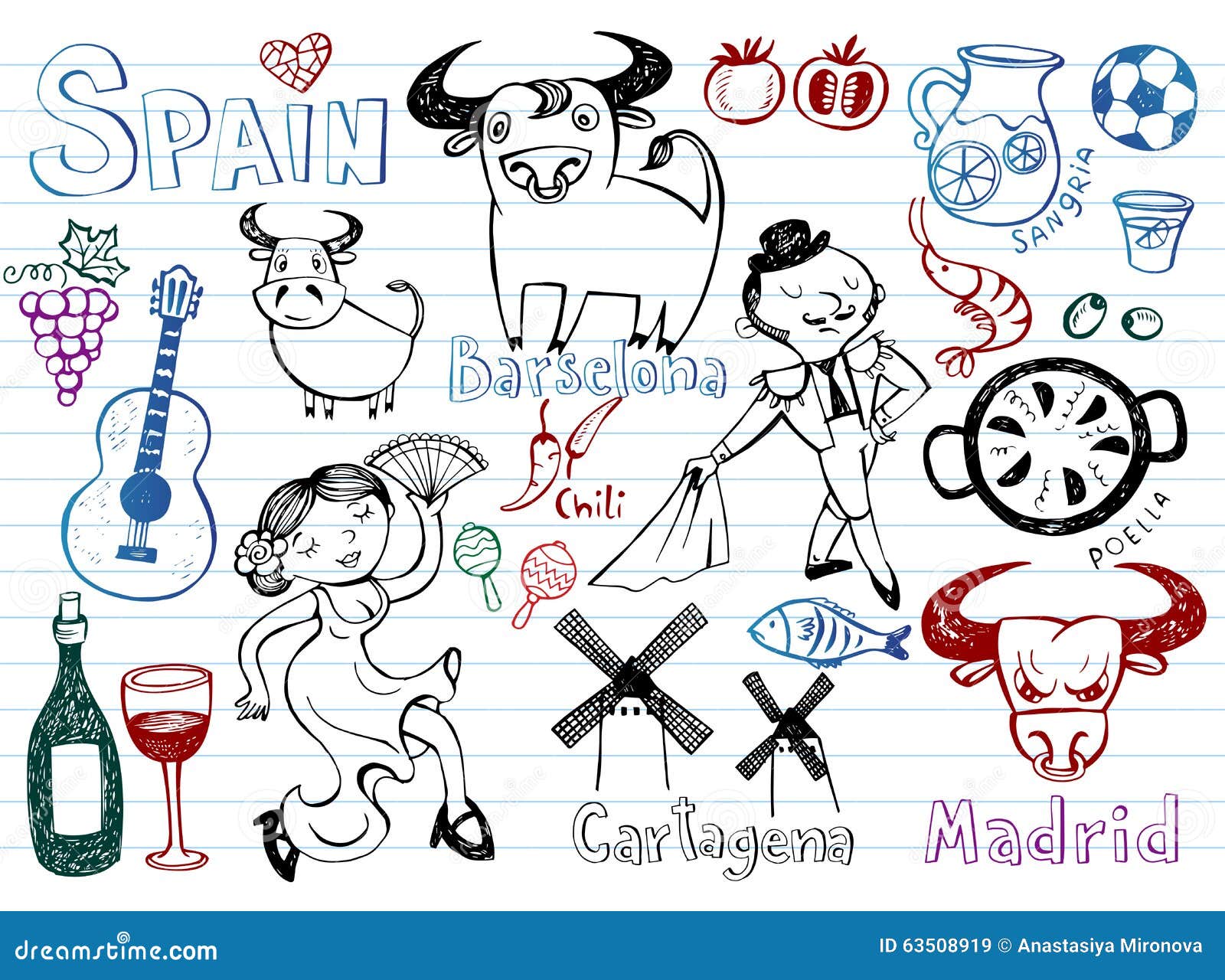 Spain doodles collection stock vector. Illustration of country - 63508919