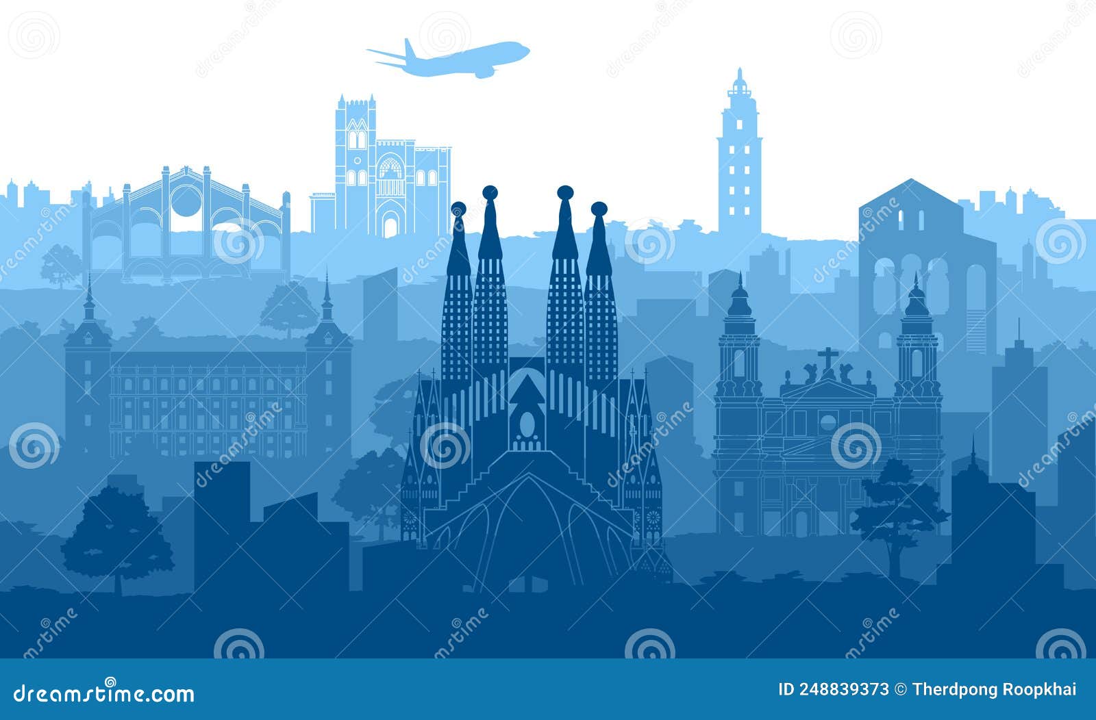 Spain Famous Landmarks by Silhouette Style Stock Vector - Illustration ...